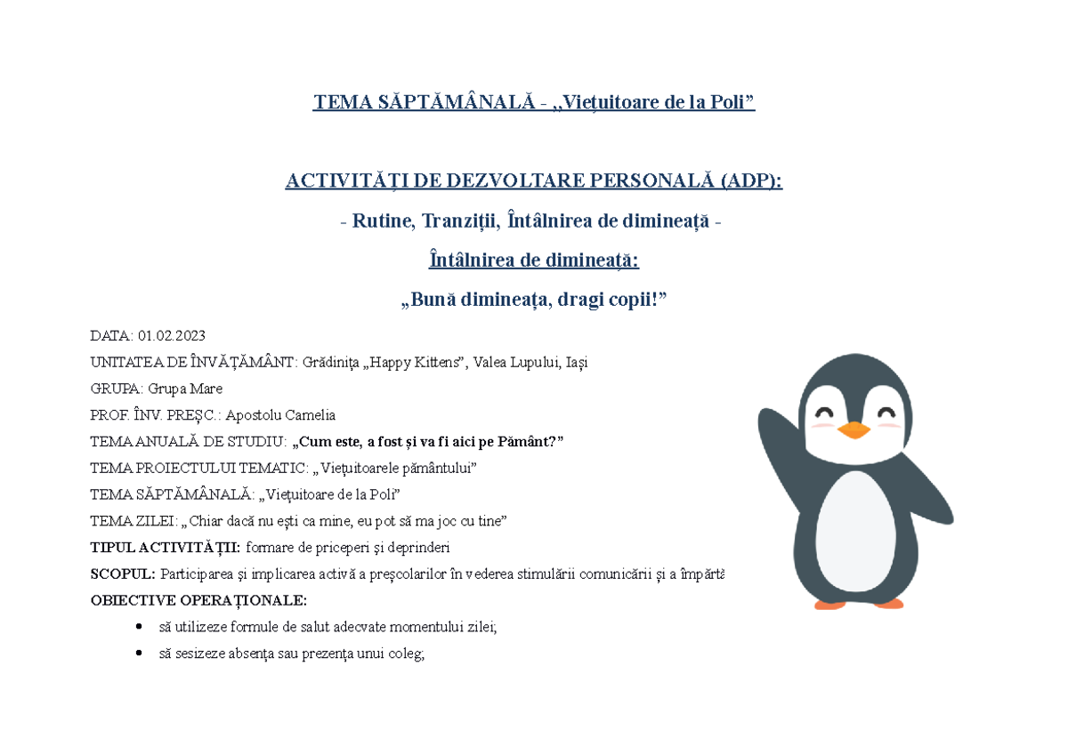 Structura Intalnirii DE Dimineata - TEMA SĂPTĂMÂNALĂ - ,,Viețuitoare de ...