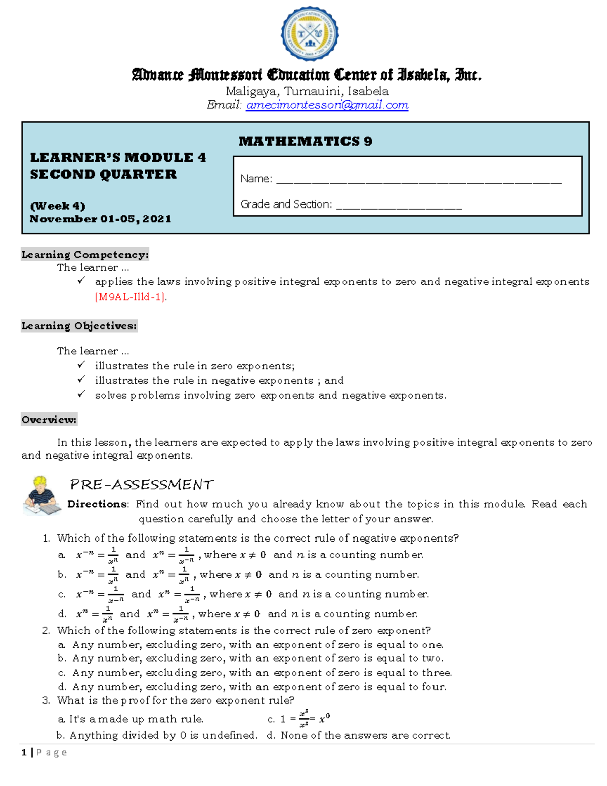 Module IN Mathematics 9 WEEK 4 Second Quarter - Advance Montessori ...