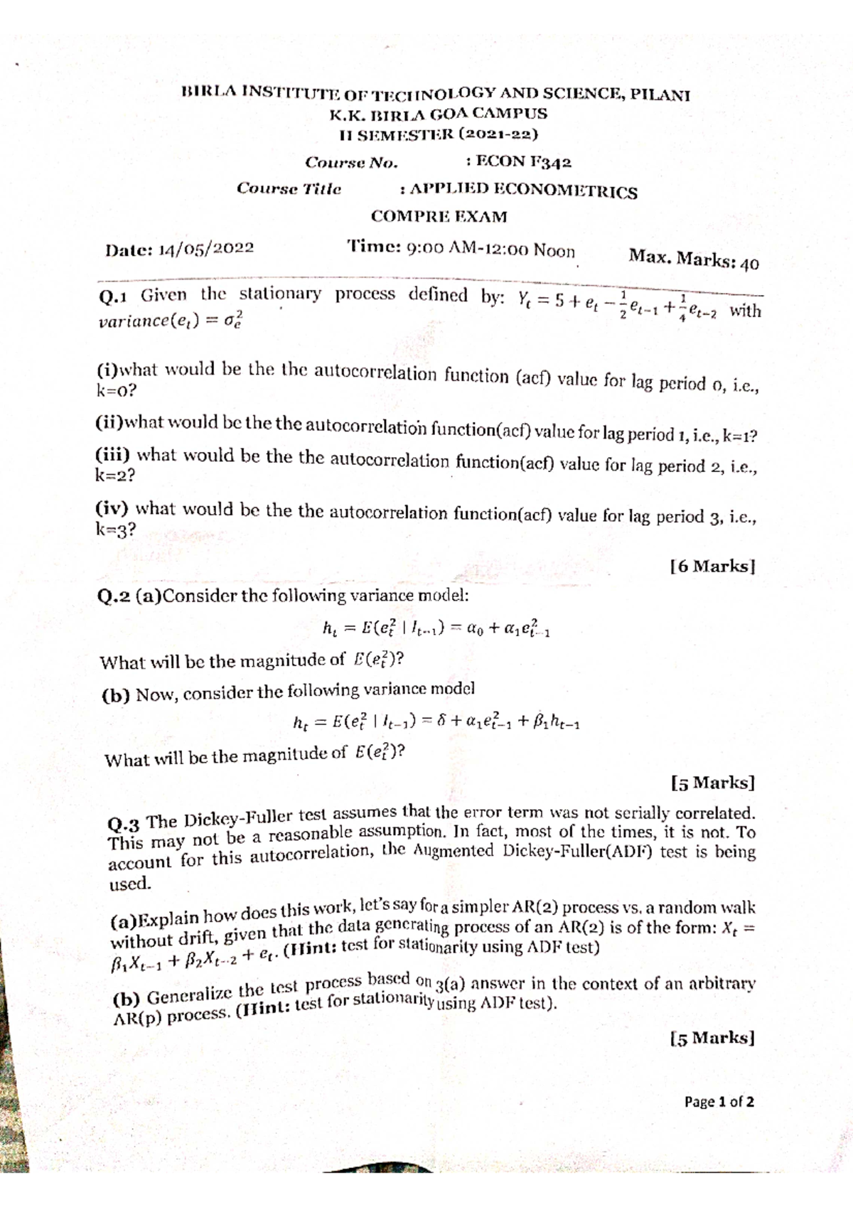 AE Compre 2022 - question paper - BIRLA INSTITUTE OF TECHNOLOGY AND SCIENCE, PILANI K. BIRLA GOA ...