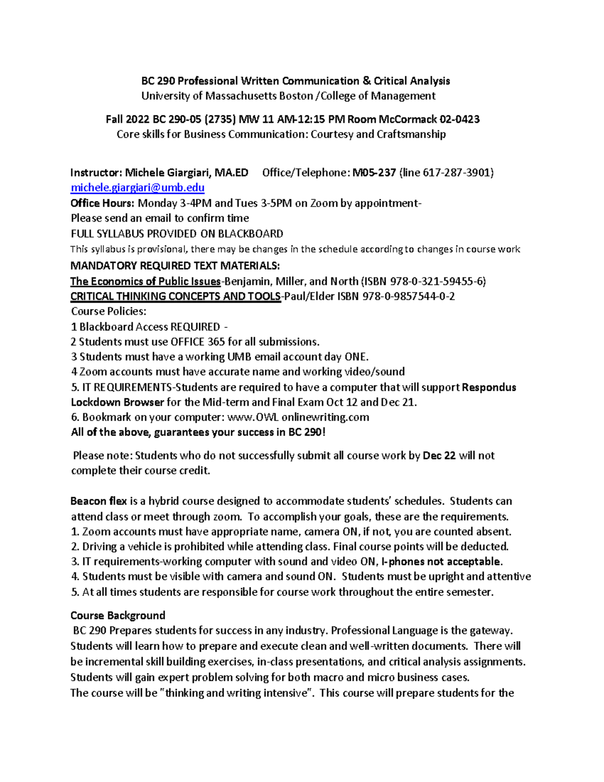 BC 290 11 AM Fall 2022 - SYllabus - BC 290 Professional Written ...