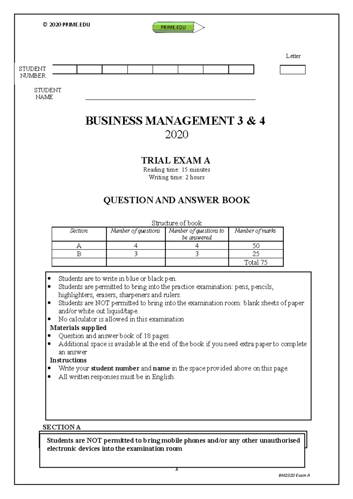 Prime 2020 VCE Business Management Exam A questions - - Studocu