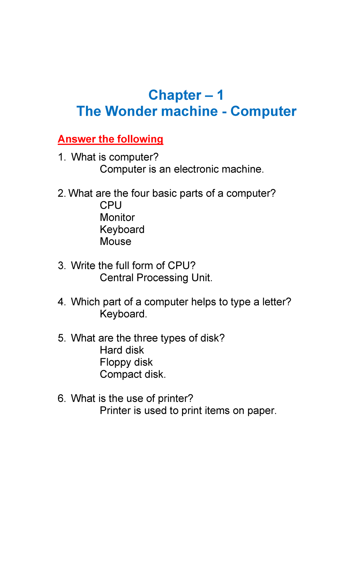 Term 2 Computer - Chapter – 1 The Wonder machine - Computer Answer the ...