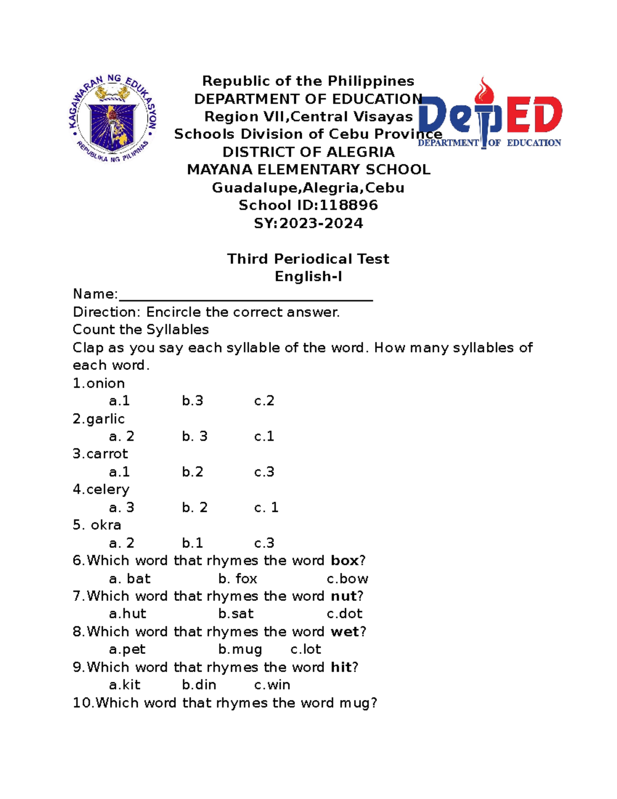 English 3rd quarter - Republic of the Philippines DEPARTMENT OF ...