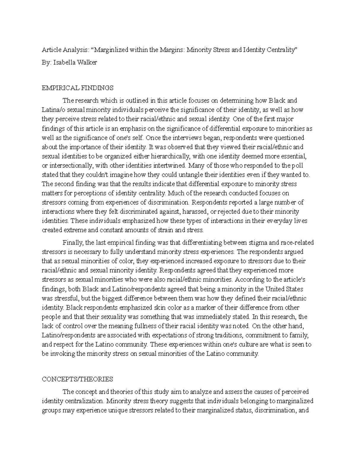 Sociology Article Analysis - Article Analysis: “Marginlized within the ...