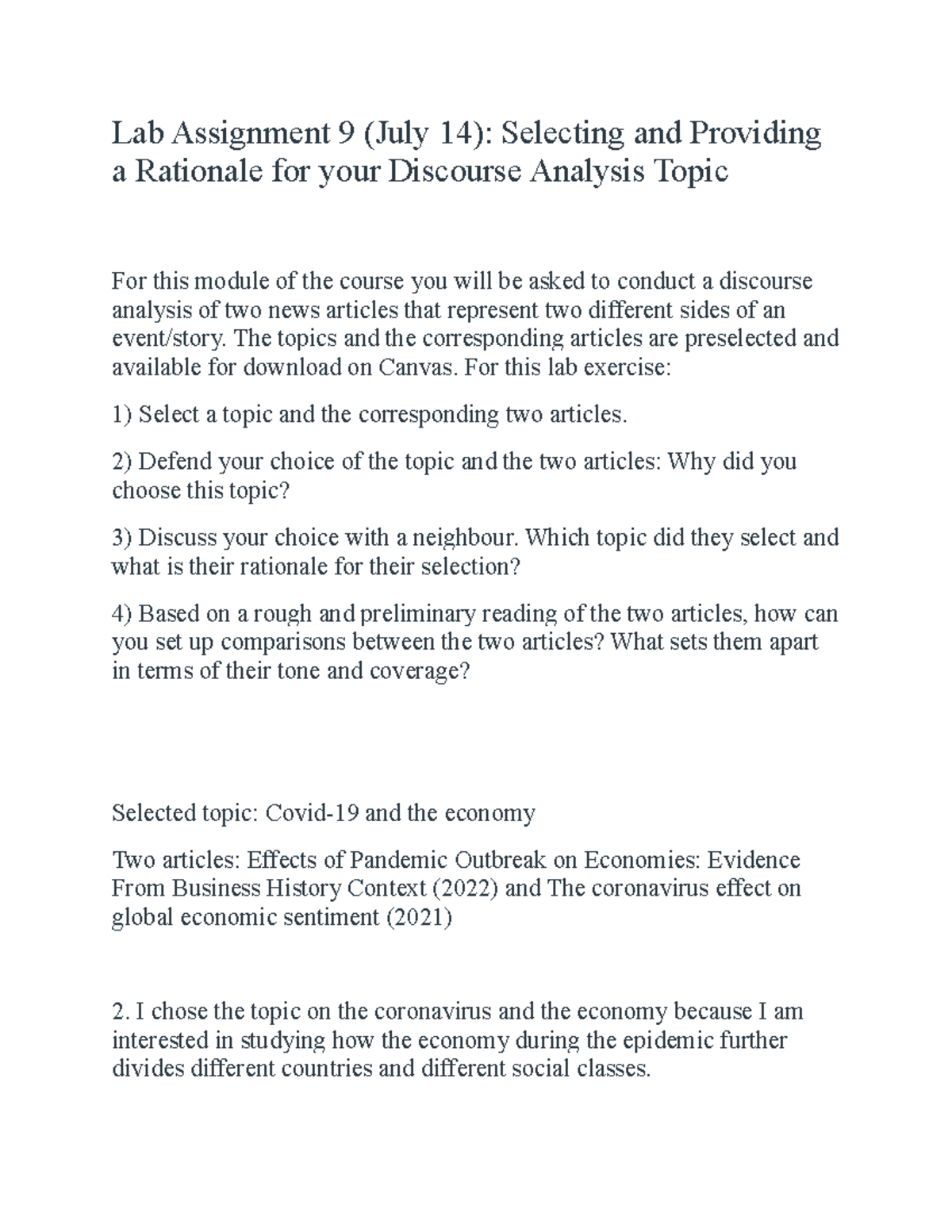 Lab Assignment 9 (July 14): Selecting and Providing a Rationale for ...
