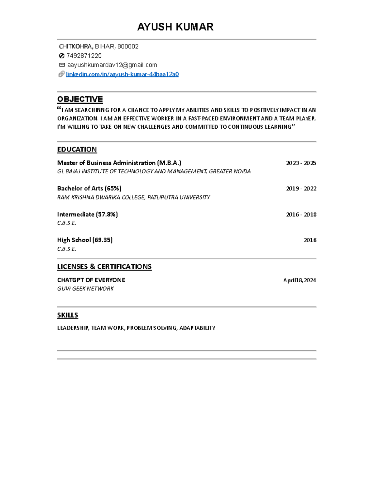 Ayush Kumar Resume - cxzs - AYUSH KUMAR CHITKOHRA, BIHAR, 800002 7492871225 - Studocu