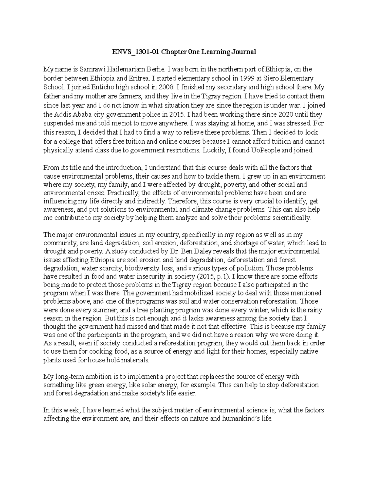 ENVS 1301-01 Learning Journal Unit 0ne - Environmental Science - Studocu