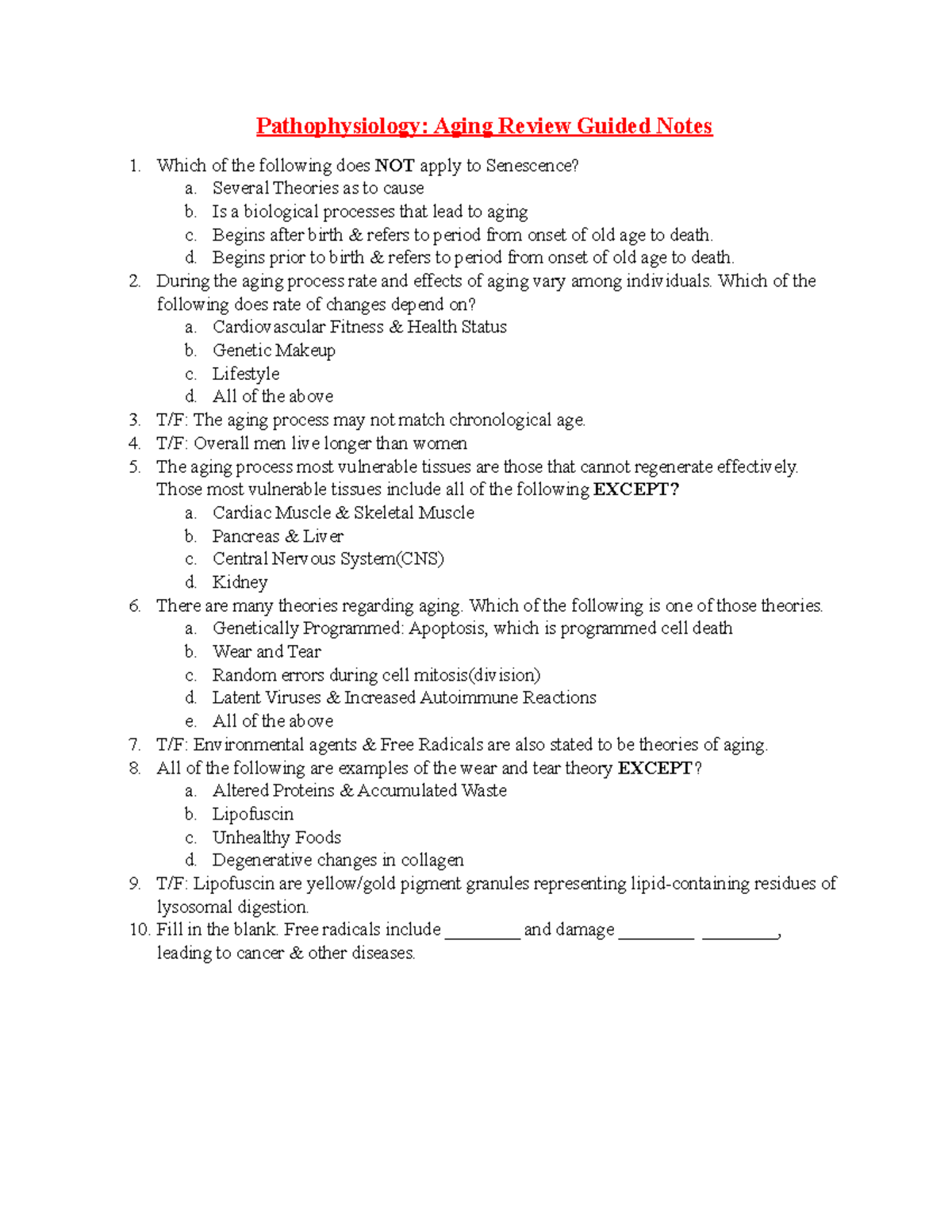 Pathophysiology- Aging Note Packet - Pathophysiology: Aging Review ...