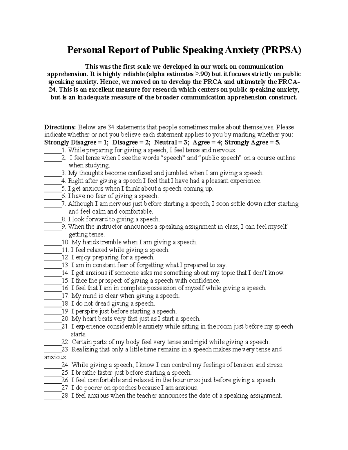 Prpsa - Personal Report of Public Speaking Anxiety (PRPSA) This was the ...