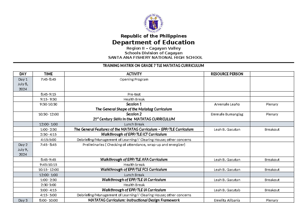Matatag G7 TLE Training Matrix - Republic of the Philippines Department ...