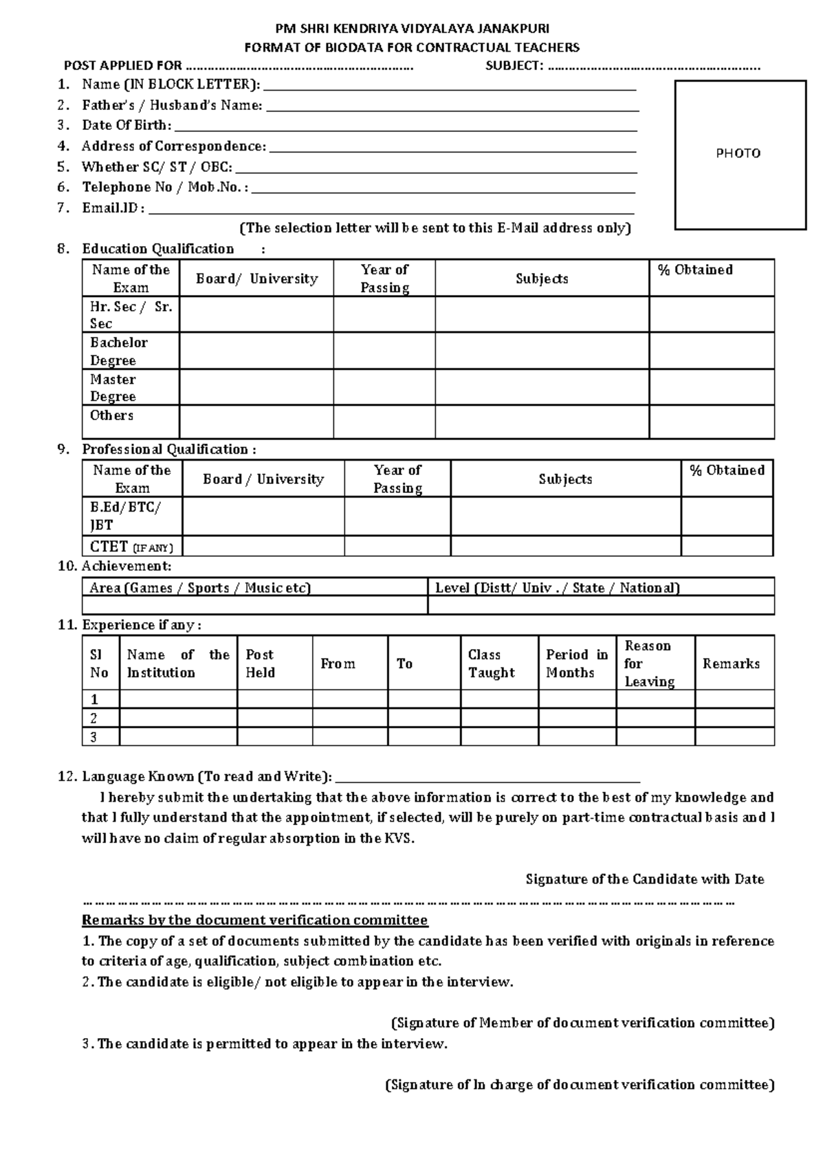 KVS FORM - PM SHRI KENDRIYA VIDYALAYA JANAKPURI FORMAT OF BIODATA FOR ...