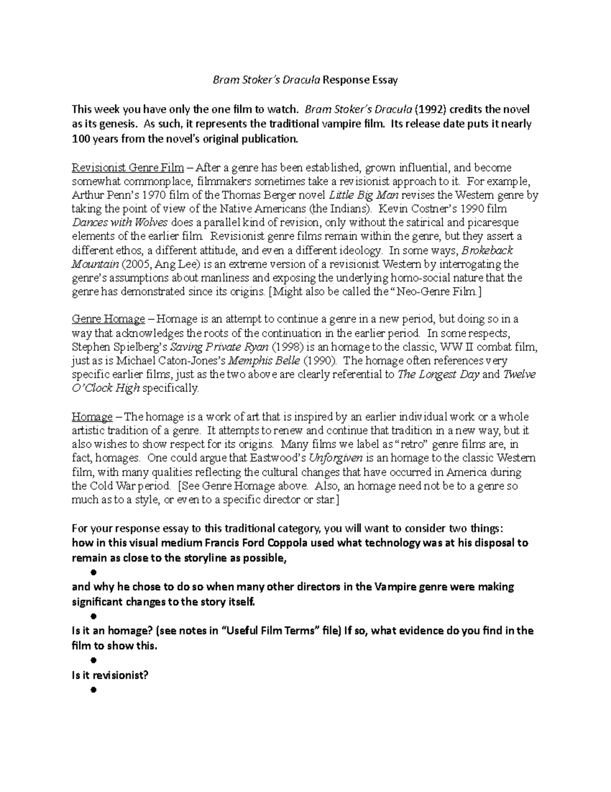 Week 5 Bram Stoker s Dracula Guide - Bram Stoker’s Dracula Response ...