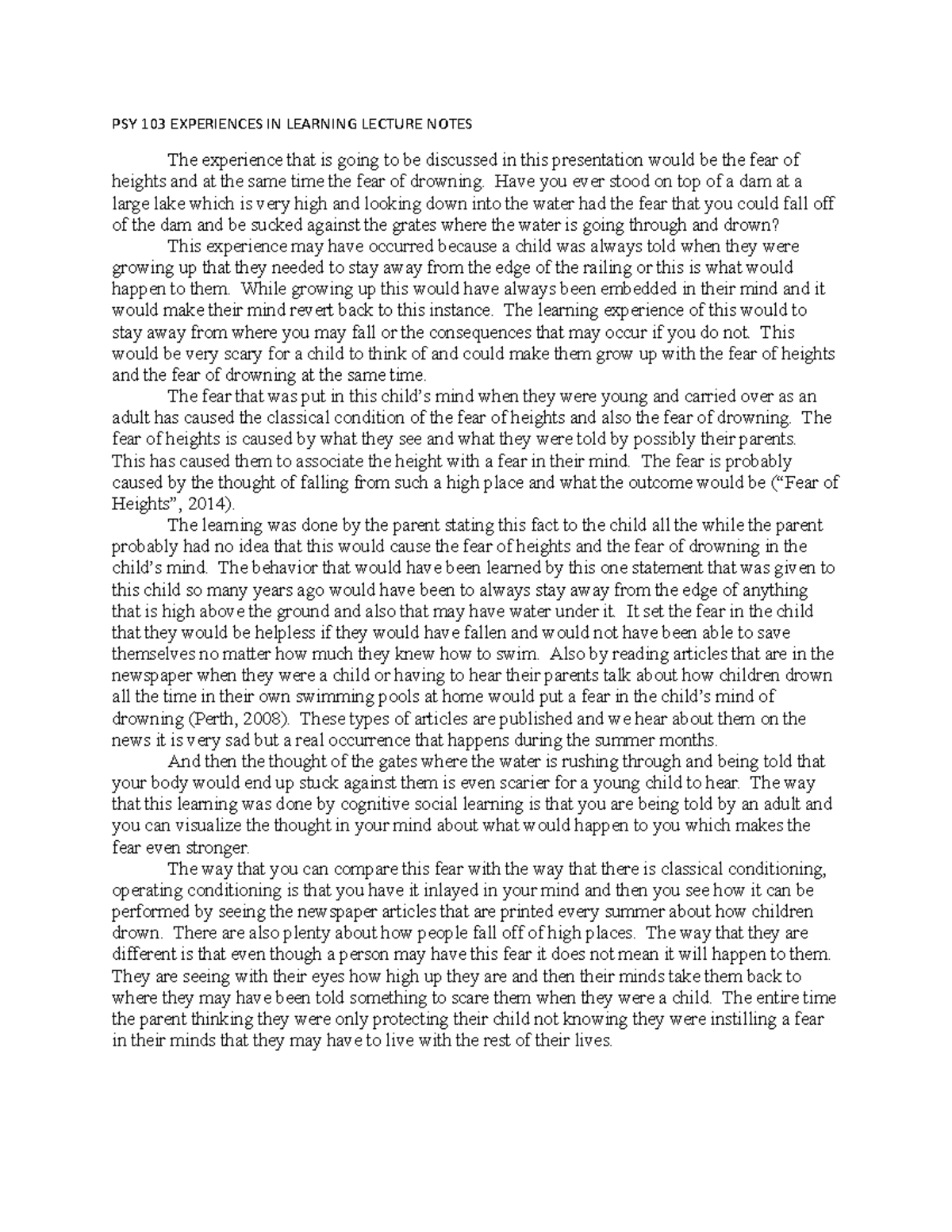 Psy 103 Experiences In Learning Lecture Notes Psy 103 Experiences In Learning Lecture Notes