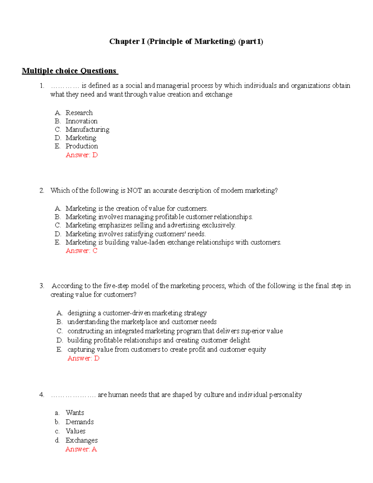 Ch1 part1 Questions Marketing - Chapter I (Principle of Marketing ...