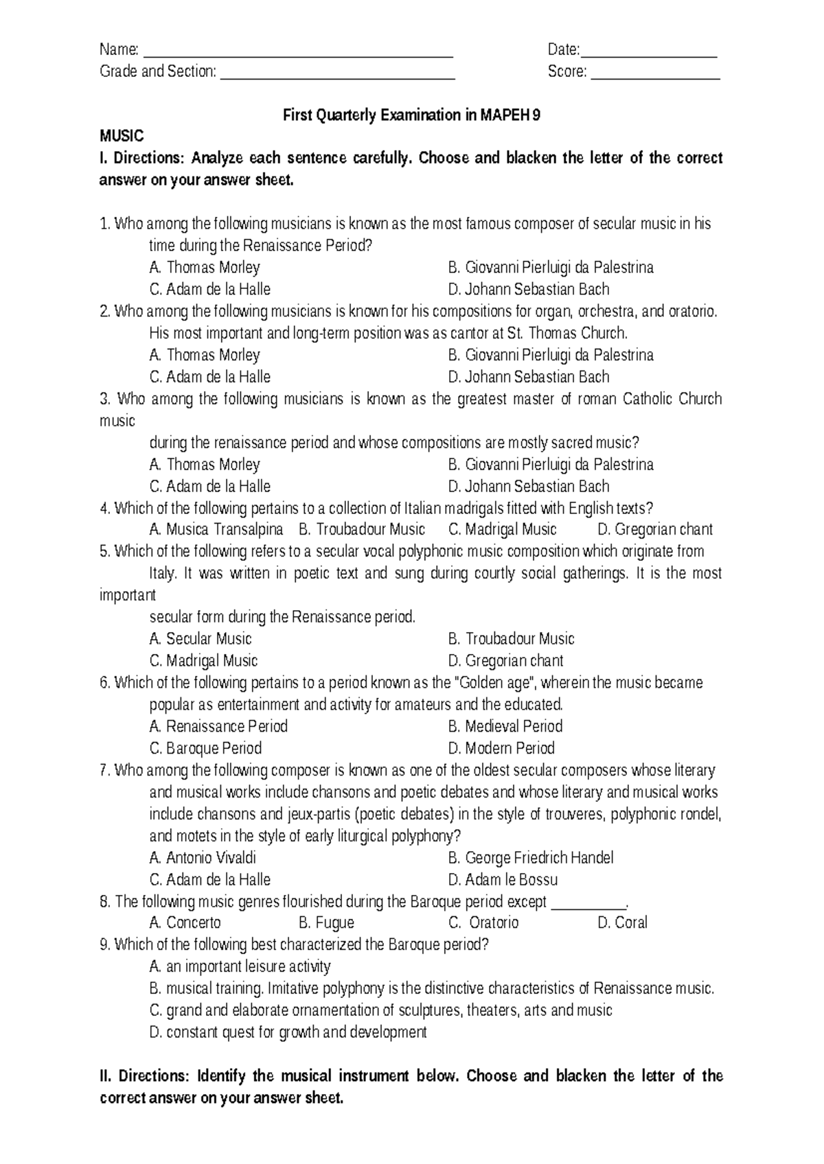 1st Quarterly Exam in Mapeh 9 - Name: _________________________________________ - Studocu