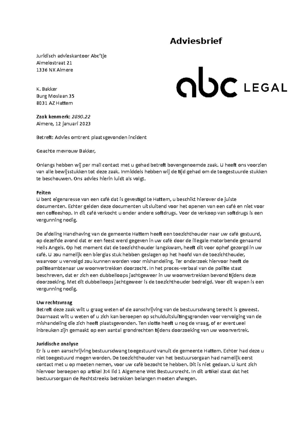 Adviesbrief - omtrent advies - Adviesbrief Juridisch advieskantoor Abc ...