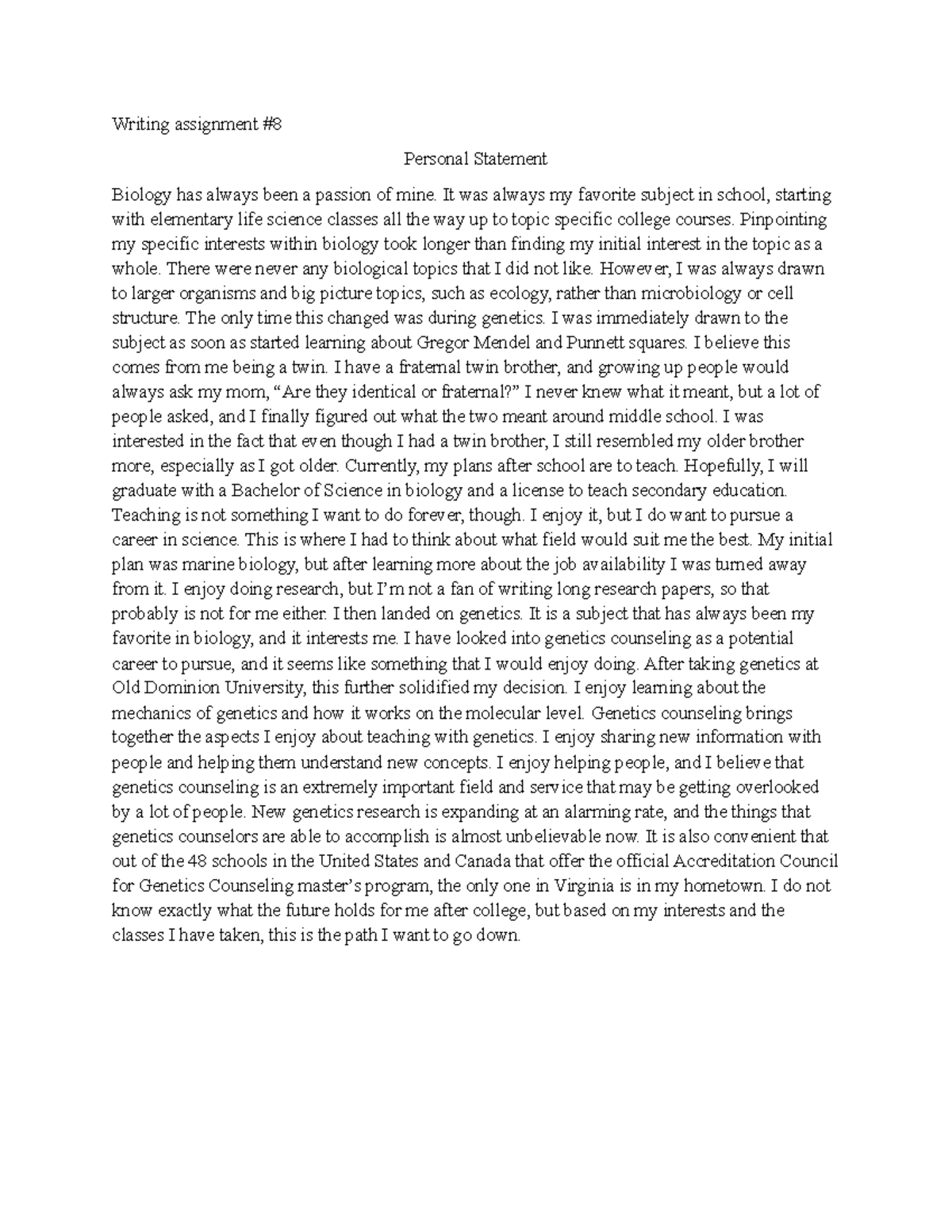 Writing assignment 8 - Professor RInehart Kim Example of a personal ...