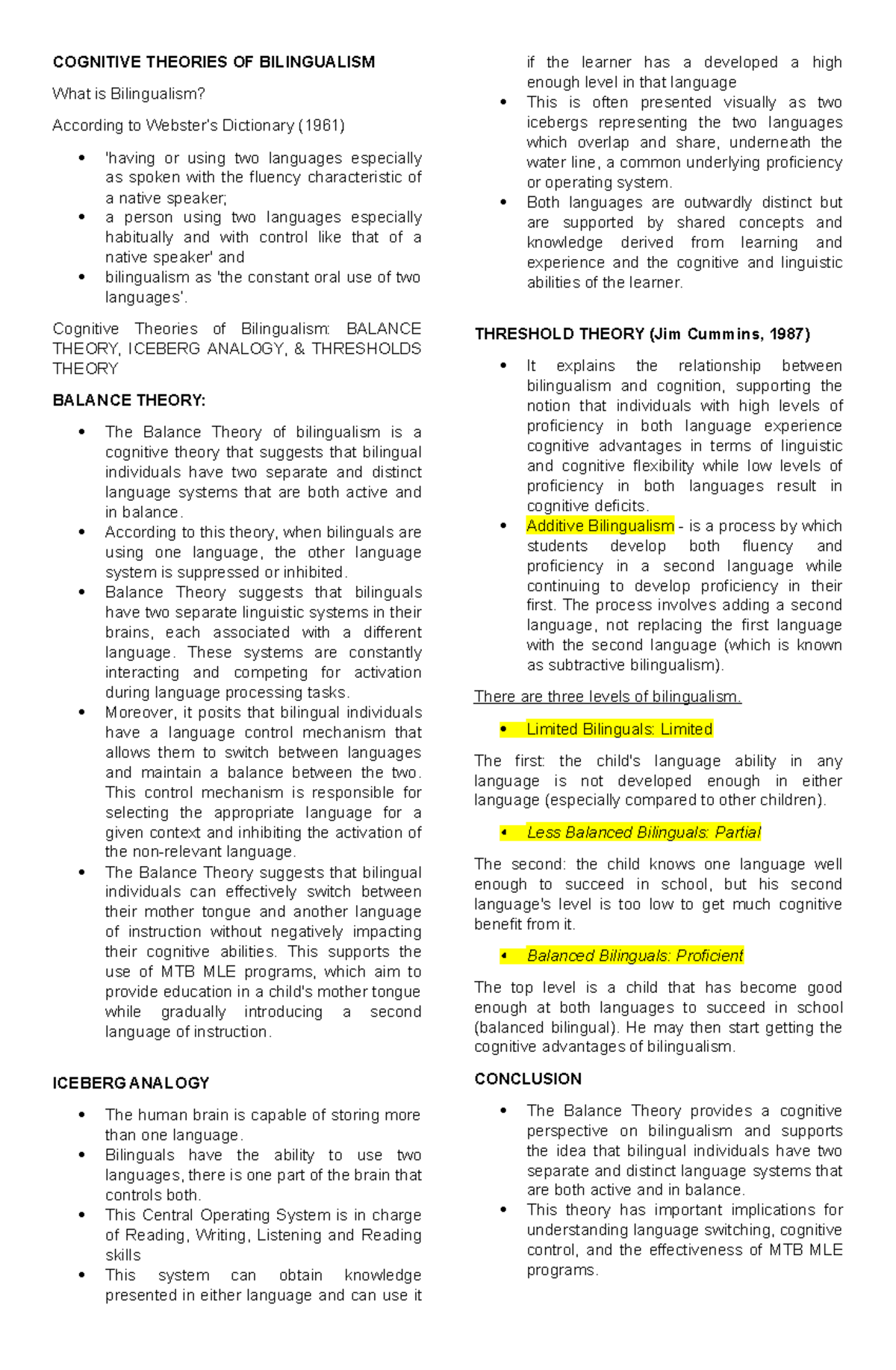 Cognitive Theories OF Bilingualism - COGNITIVE THEORIES OF BILINGUALISM ...