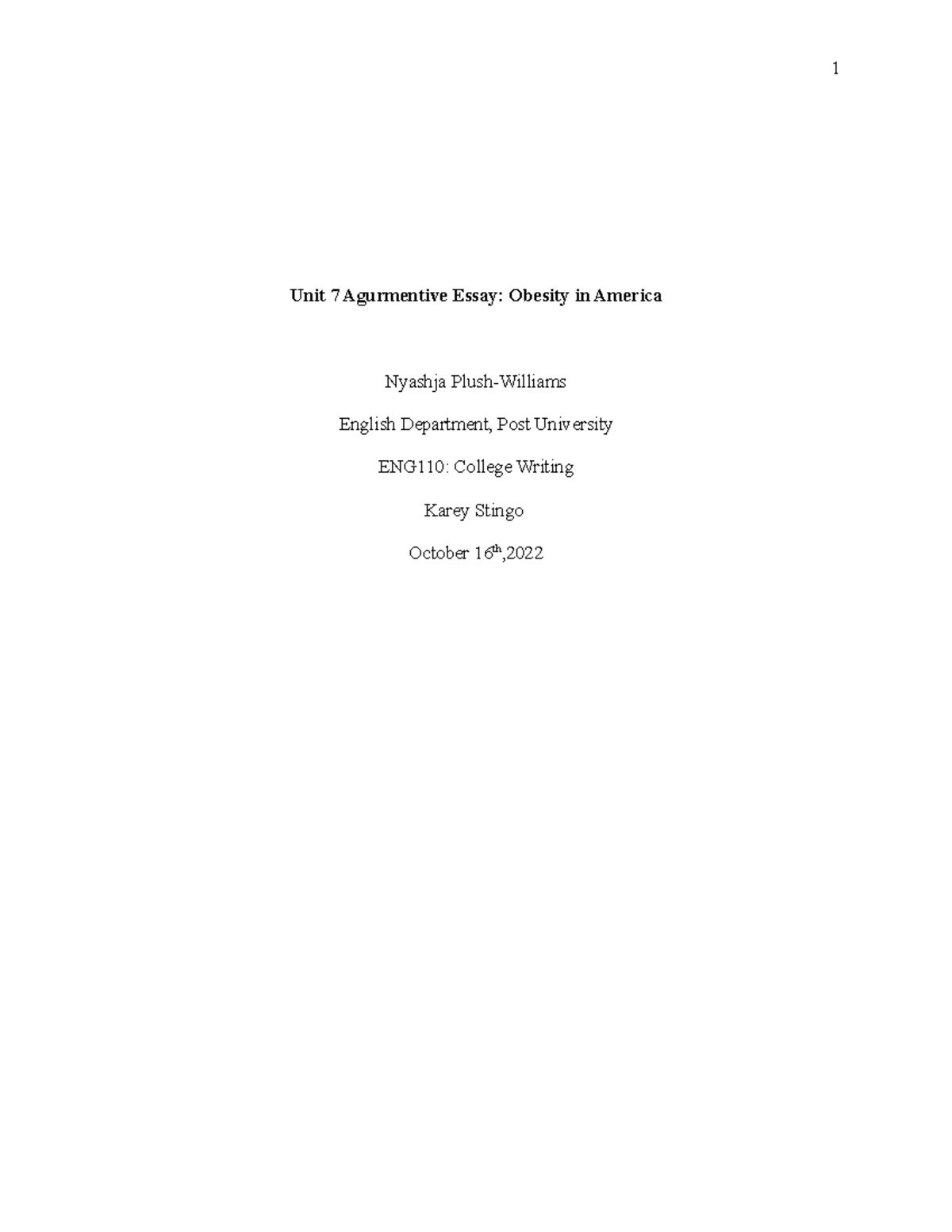 Unit7 Final Essay - Unit 7 Agurmentive Essay: Obesity in America ...