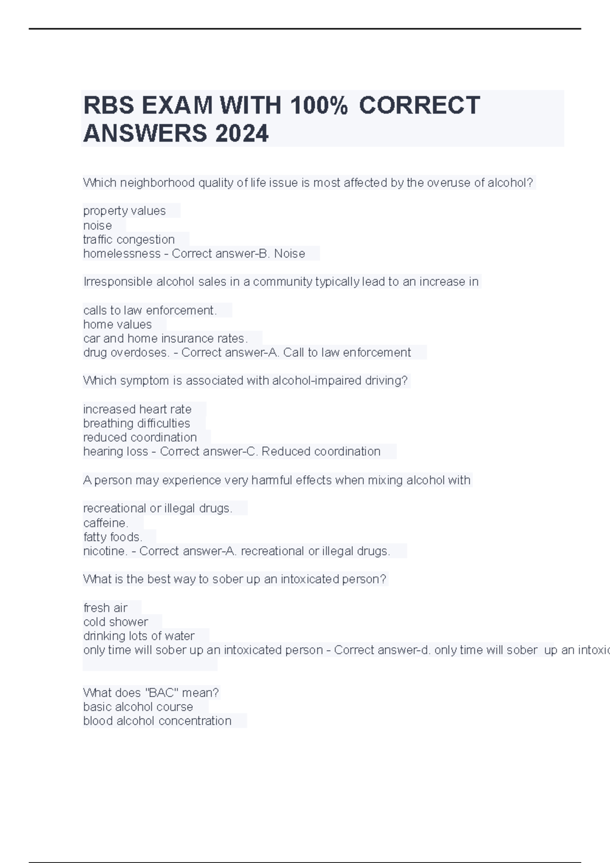 RBS EXAM WITH 100% Correct Answers 2024 - property values noise traffic ...