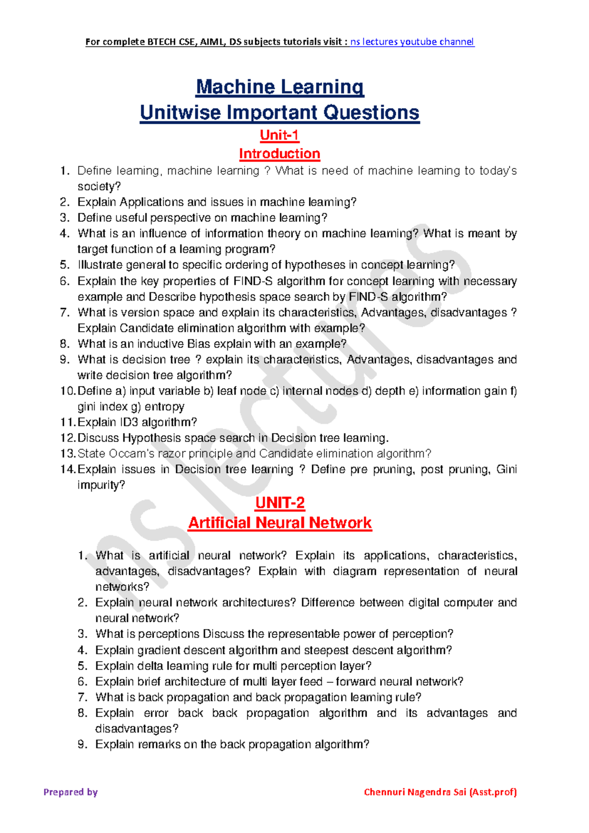 ML Unitwise imp questions - For complete BTECH CSE, AIML, DS subjects tutorials visit : ns ...