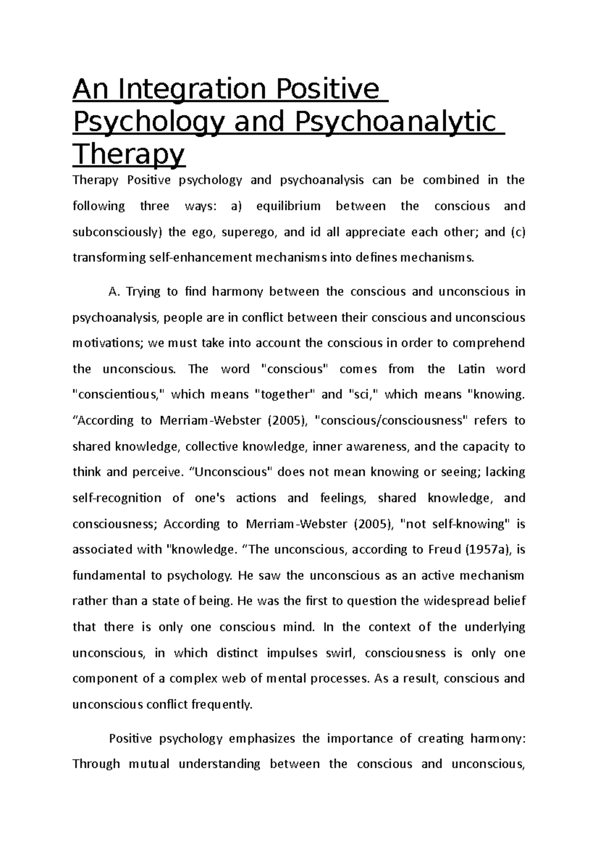 An Integration Positive Psychology and Psychoanalytic Therapy - An ...