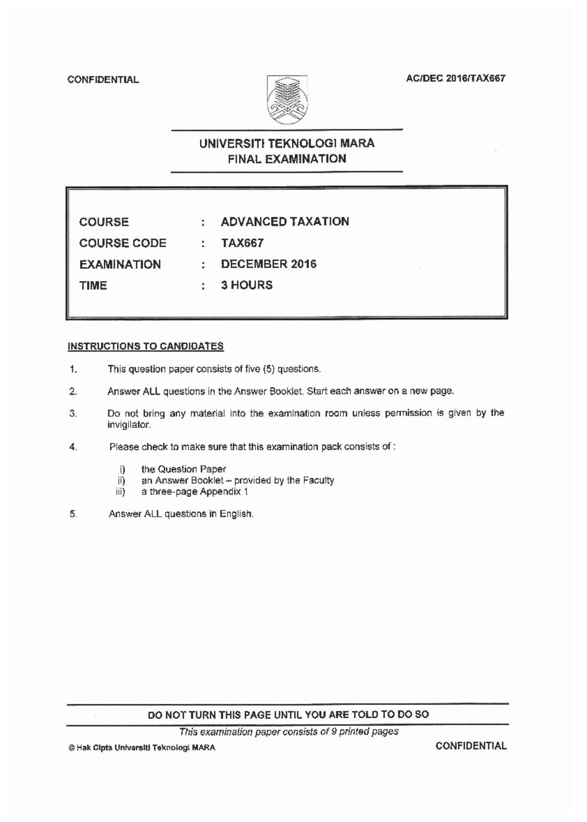 DEC2016 - PAST YEAR QUESTION - Advanced Taxation - Studocu