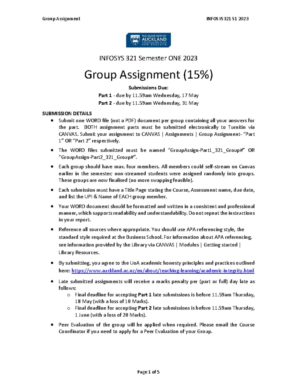 Infosys 321S1 Group Assign Instructions Final 2023 - INFOSYS 321 Semester ONE 2023 Group ...