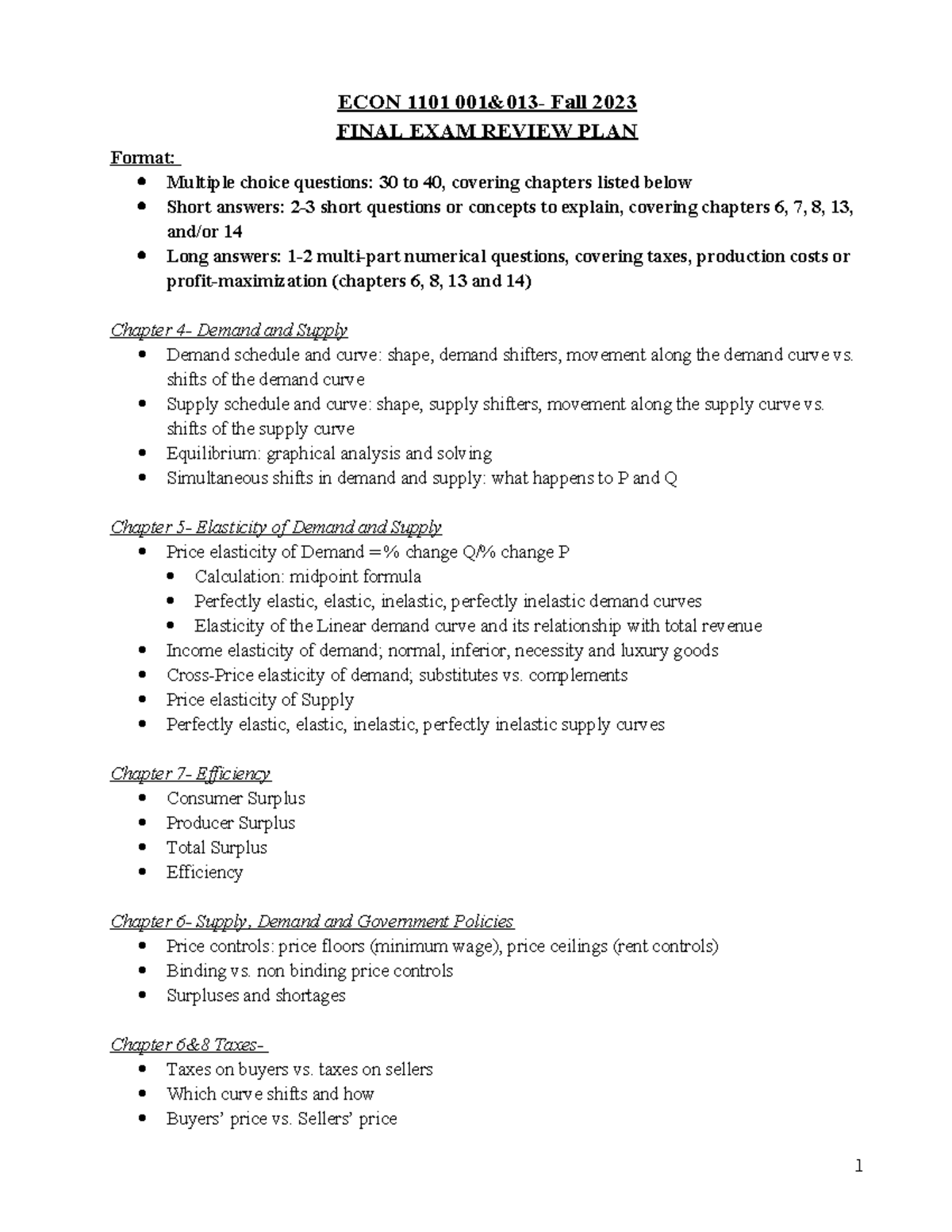 2023-Fall-Final Exam Review - ECON 1101 001&013- Fall 2023 FINAL EXAM ...