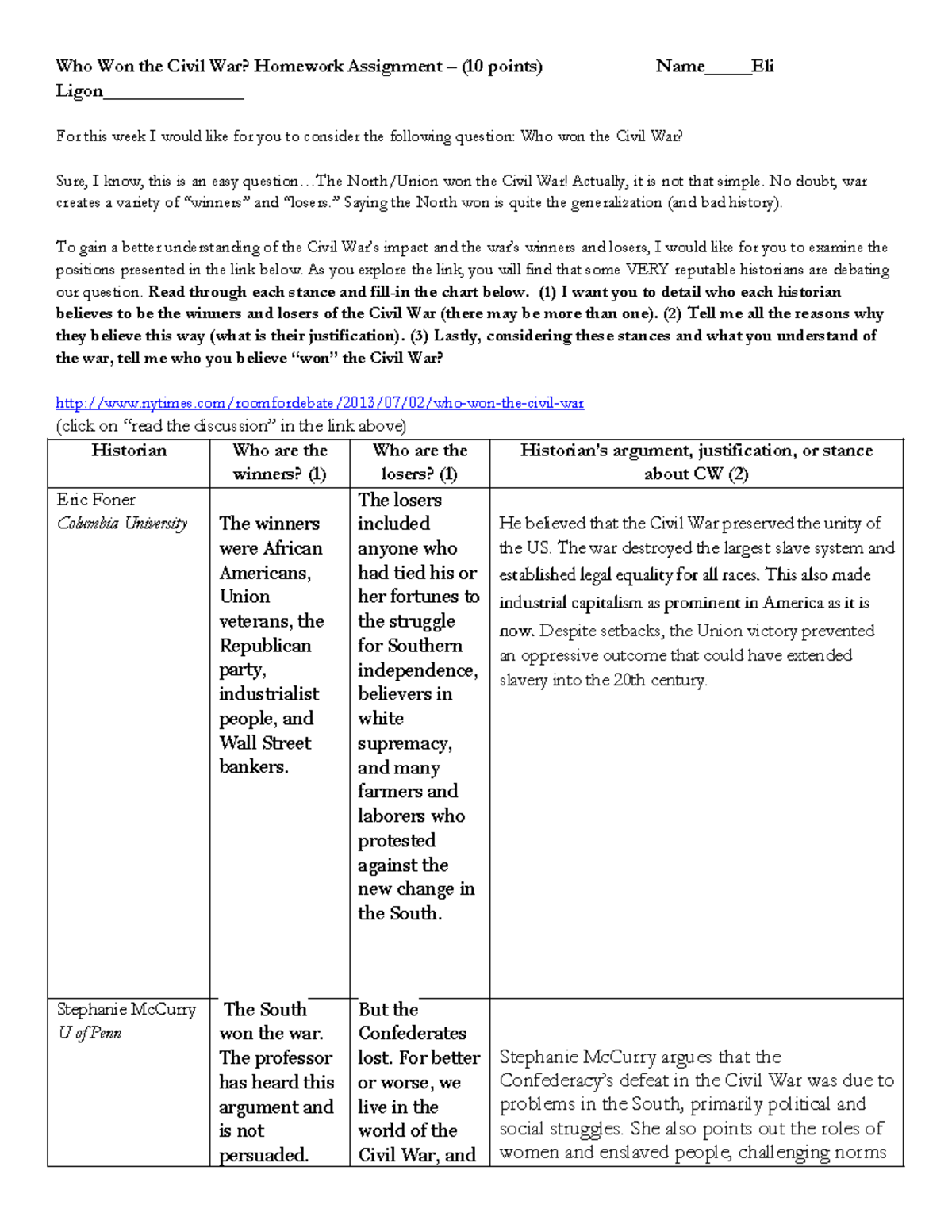 Copy of Who Won the Civil War assignment - Who Won the Civil War? Homework Assignment – (10 ...