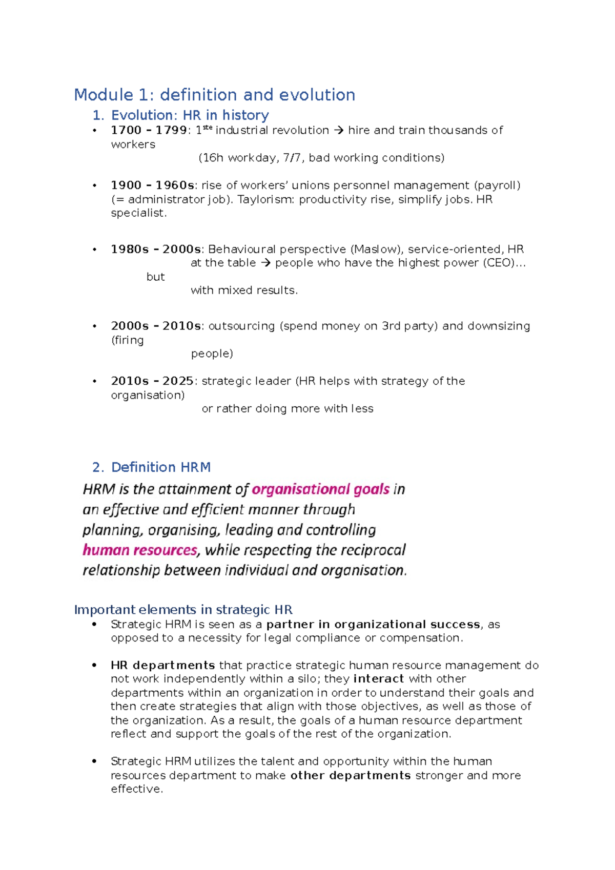 Strategic HR module 1 - Module 1: definition and evolution 1. Evolution ...
