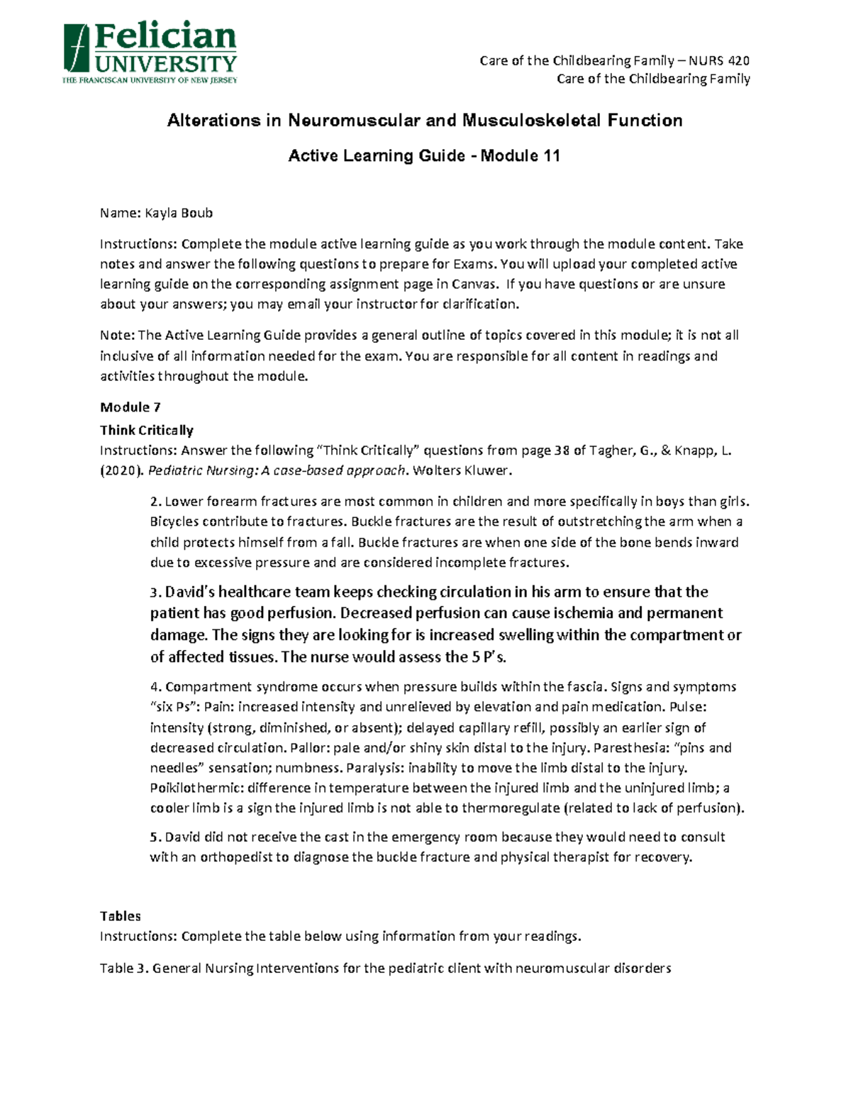 Peds active learning guide 11 - Care of the Childbearing Family ...