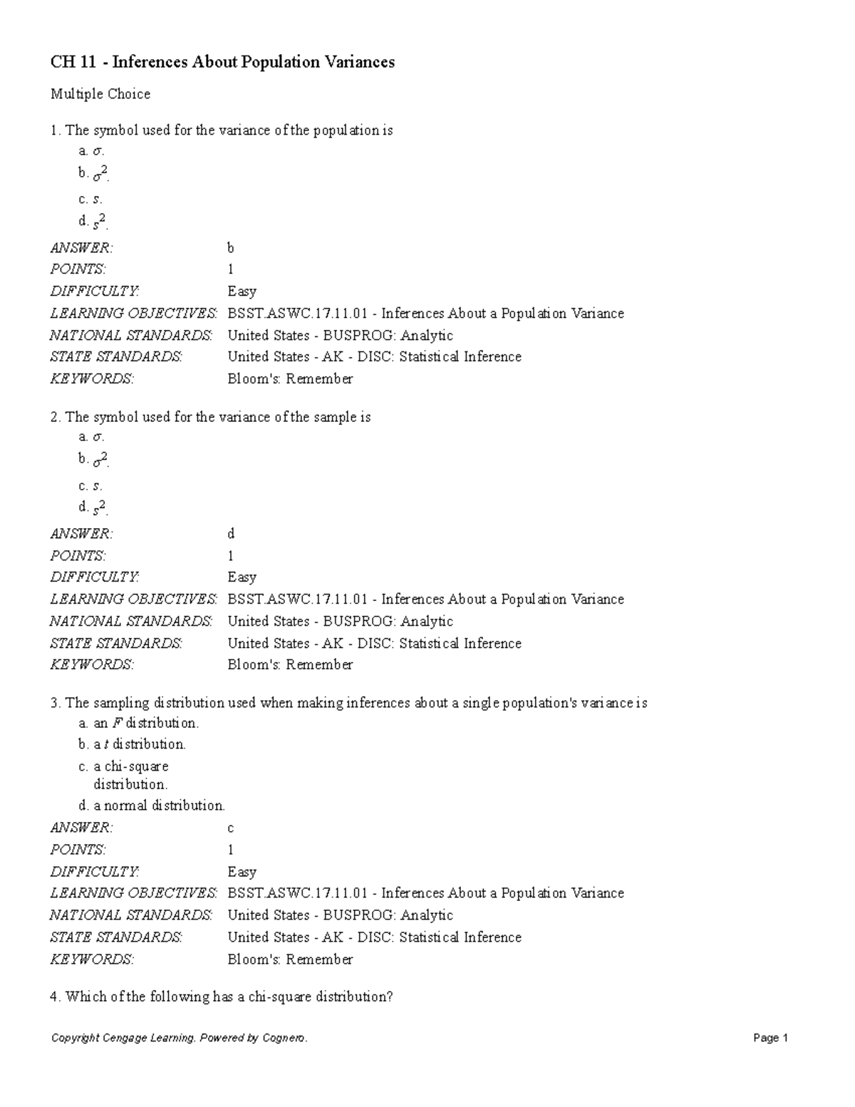 CH 11 Inferences About Population Variances - Multiple Choice The symbol used for the variance ...