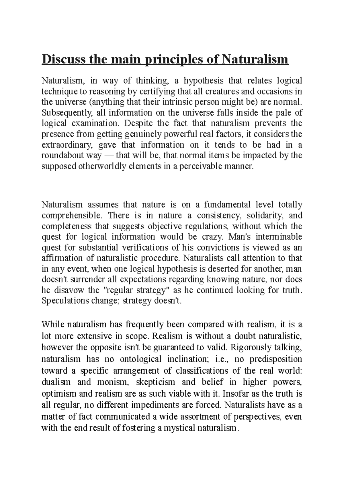 Discuss the main principles of Naturalism - Discuss the main principles ...