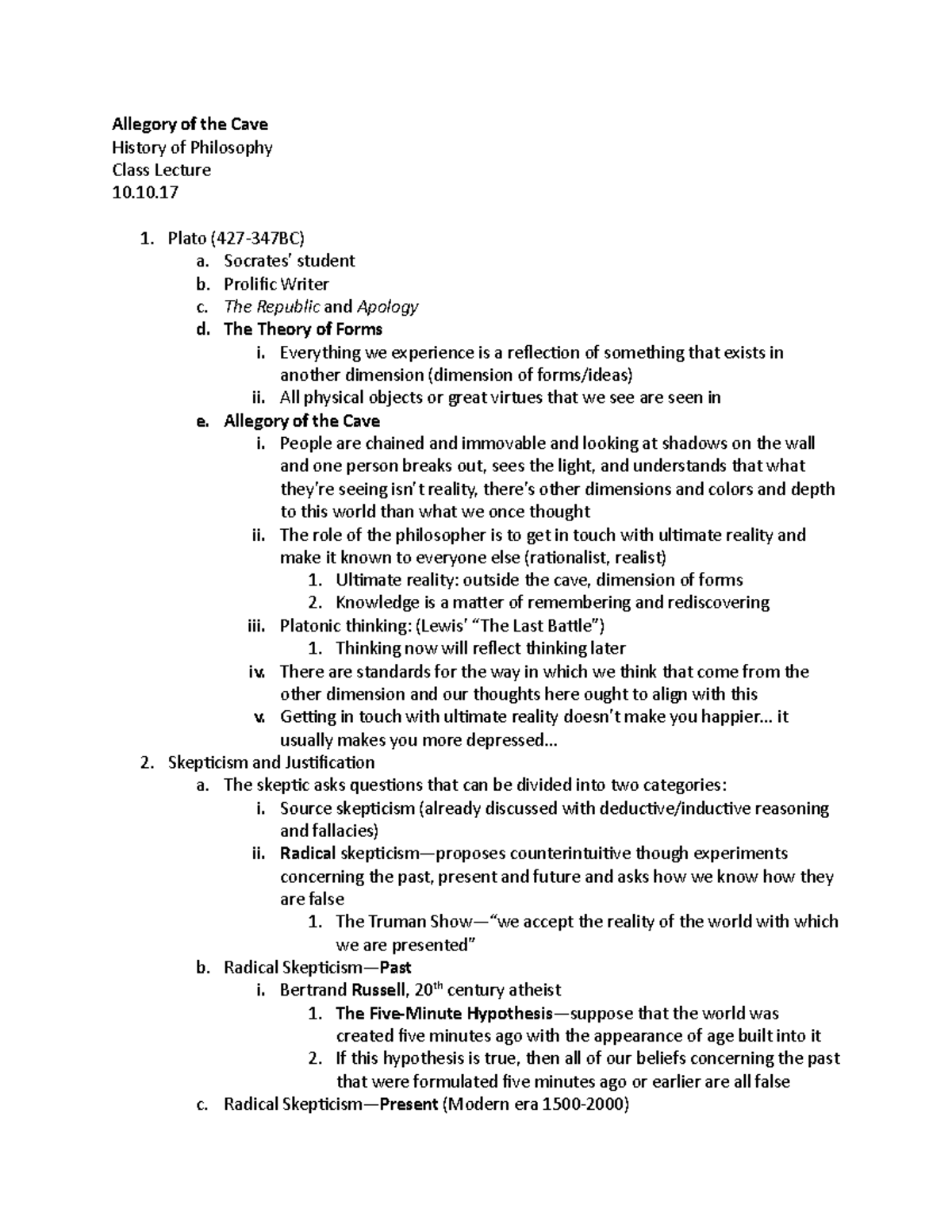 4.2 Allegory of the Cave - Allegory of the Cave History of Philosophy ...