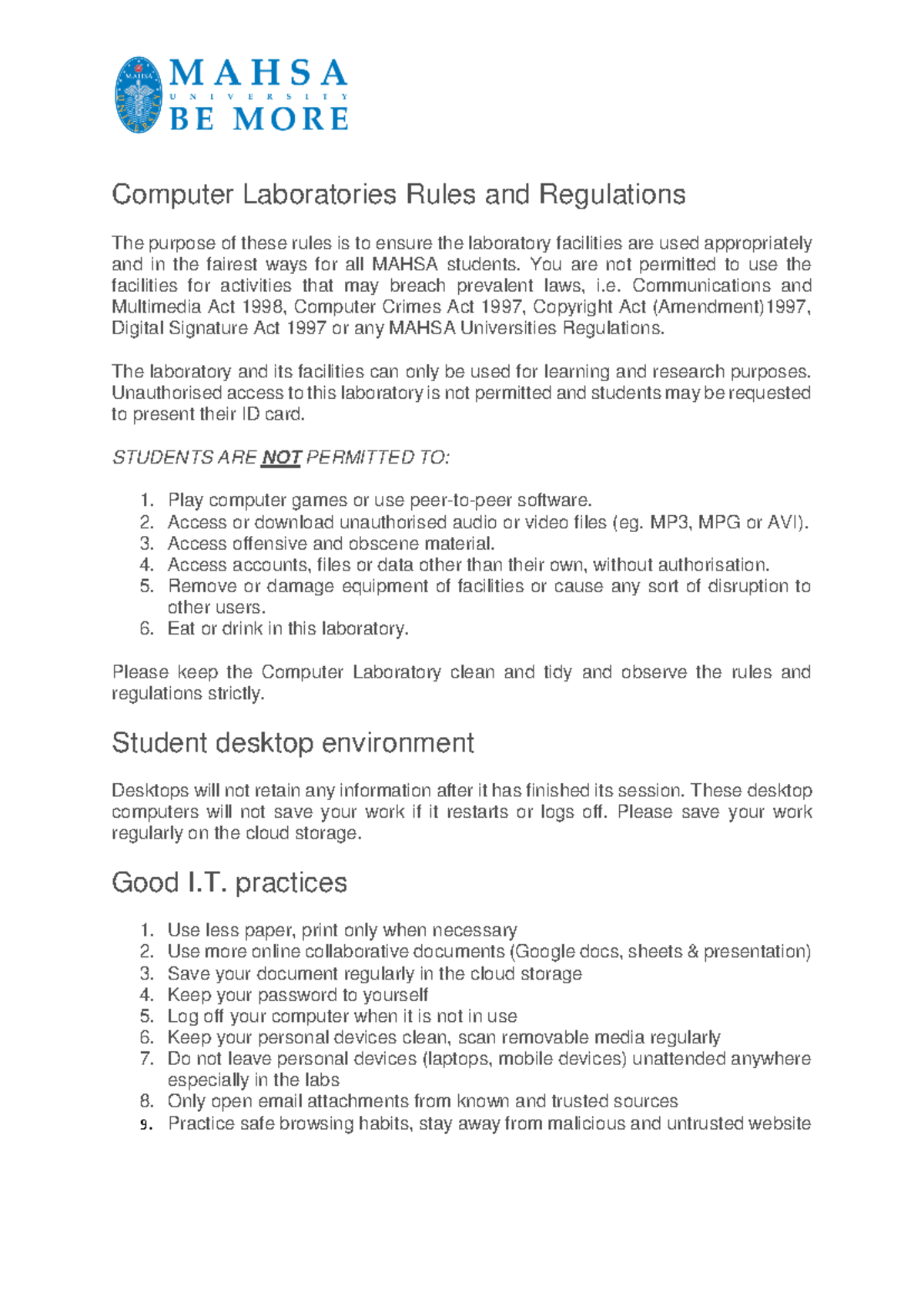 Computer Labs Rules and Regulations - Computer Laboratories Rules and ...
