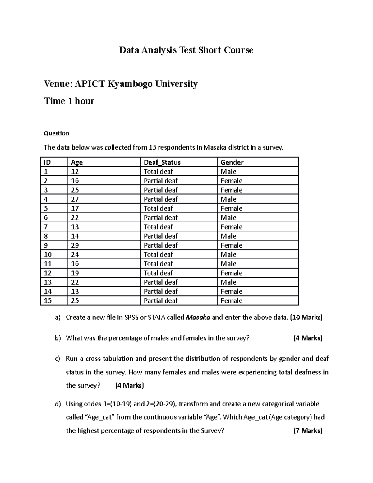 Data Analysis Test Short Course Apict - Data Analysis Test Short Course ...