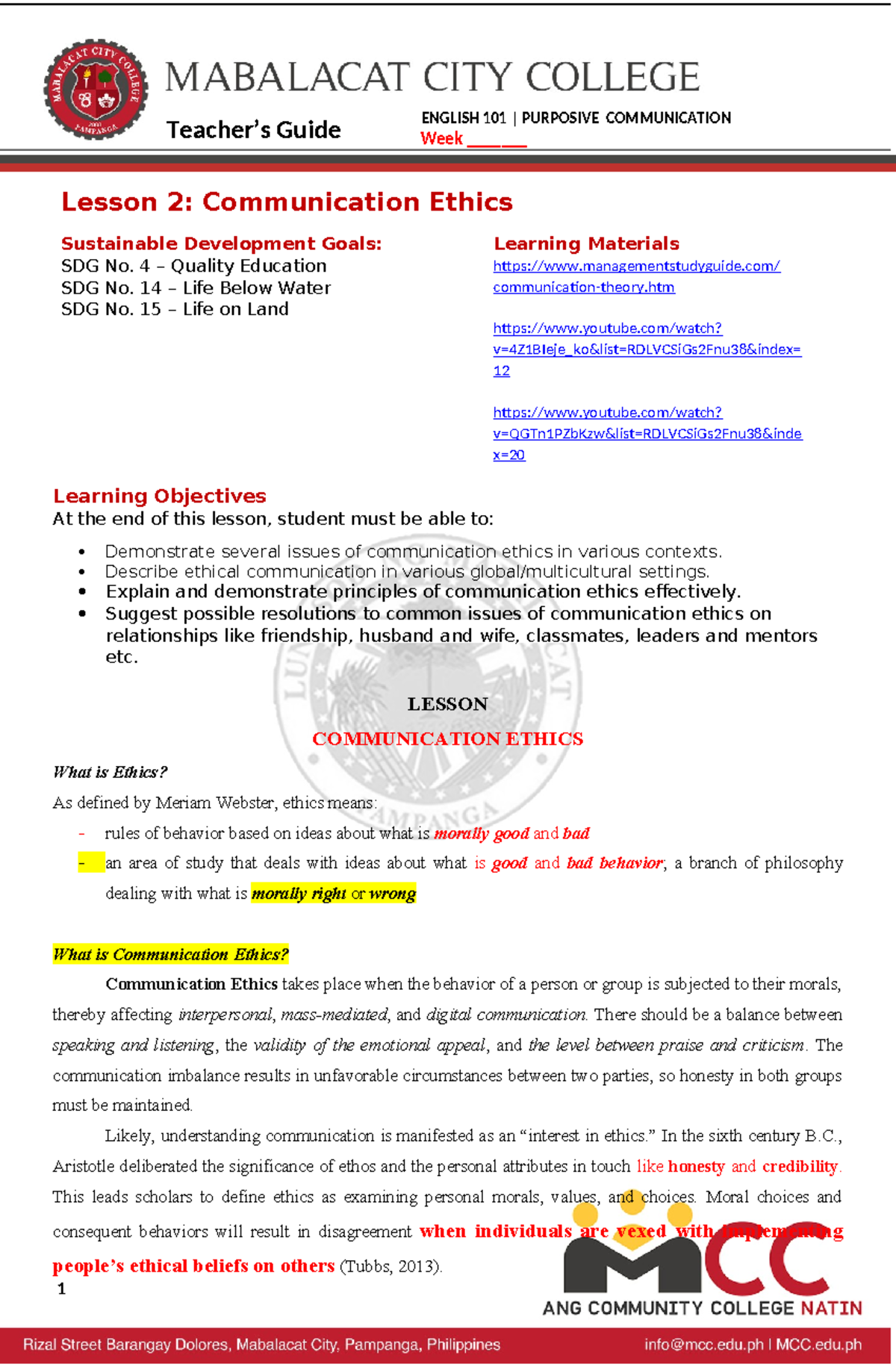 Lesson 2- English 101 - Teacher’s Guide Week _______ Lesson 2 ...