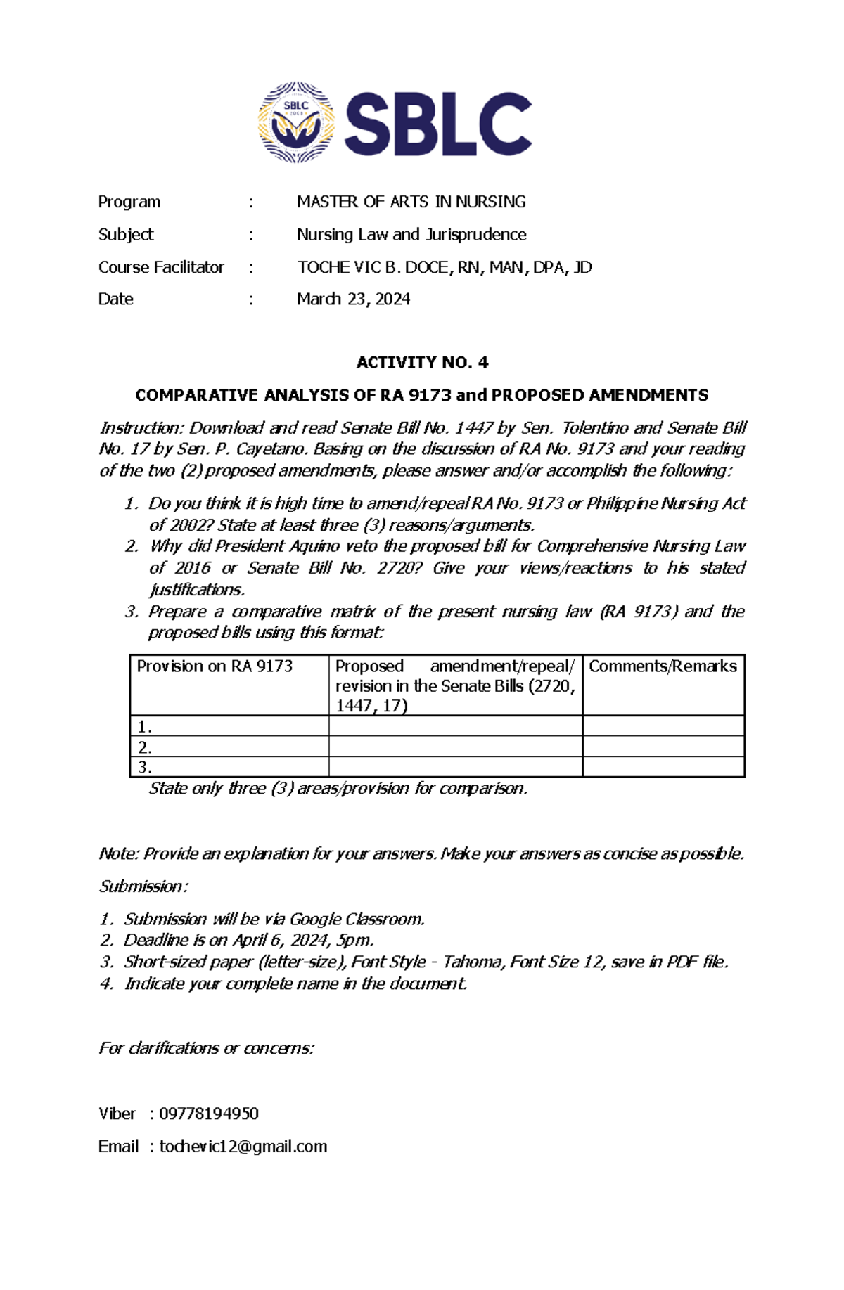 MAN Activity No. 4 1st Term 2024 - Program : MASTER OF ARTS IN NURSING Subject : Nursing Law and ...