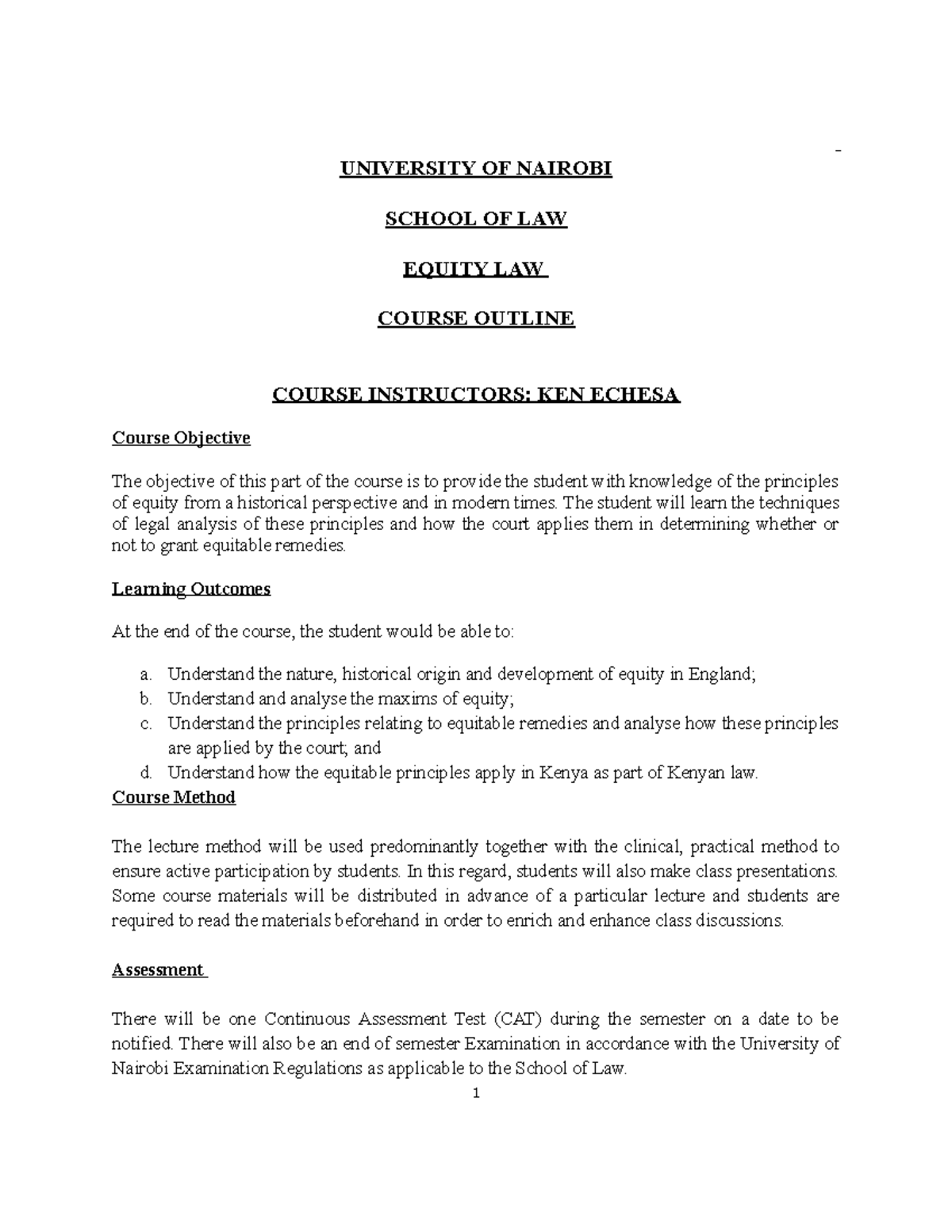 Equity LAW Course Outline - UNIVERSITY OF NAIROBI SCHOOL OF LAW EQUITY ...
