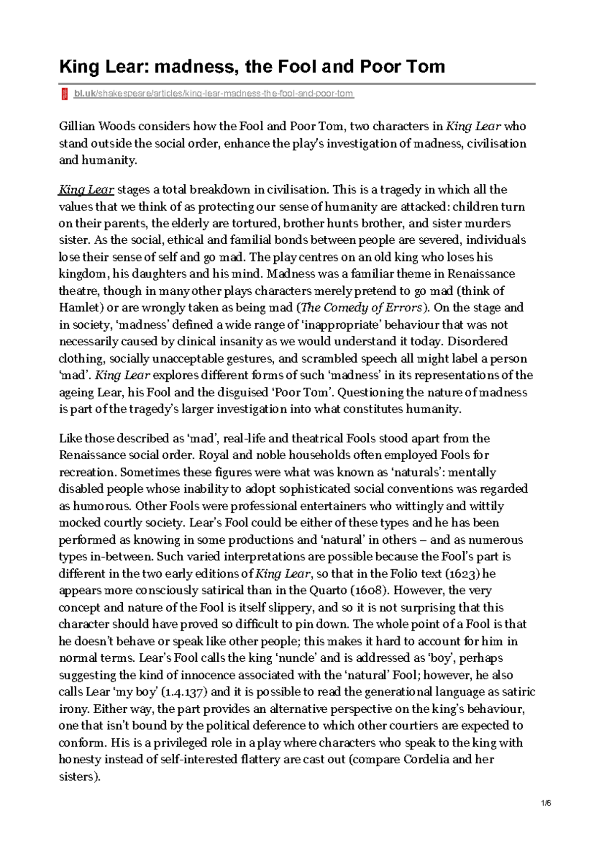 King Lear madness the Fool and Poor Tom - Studocu