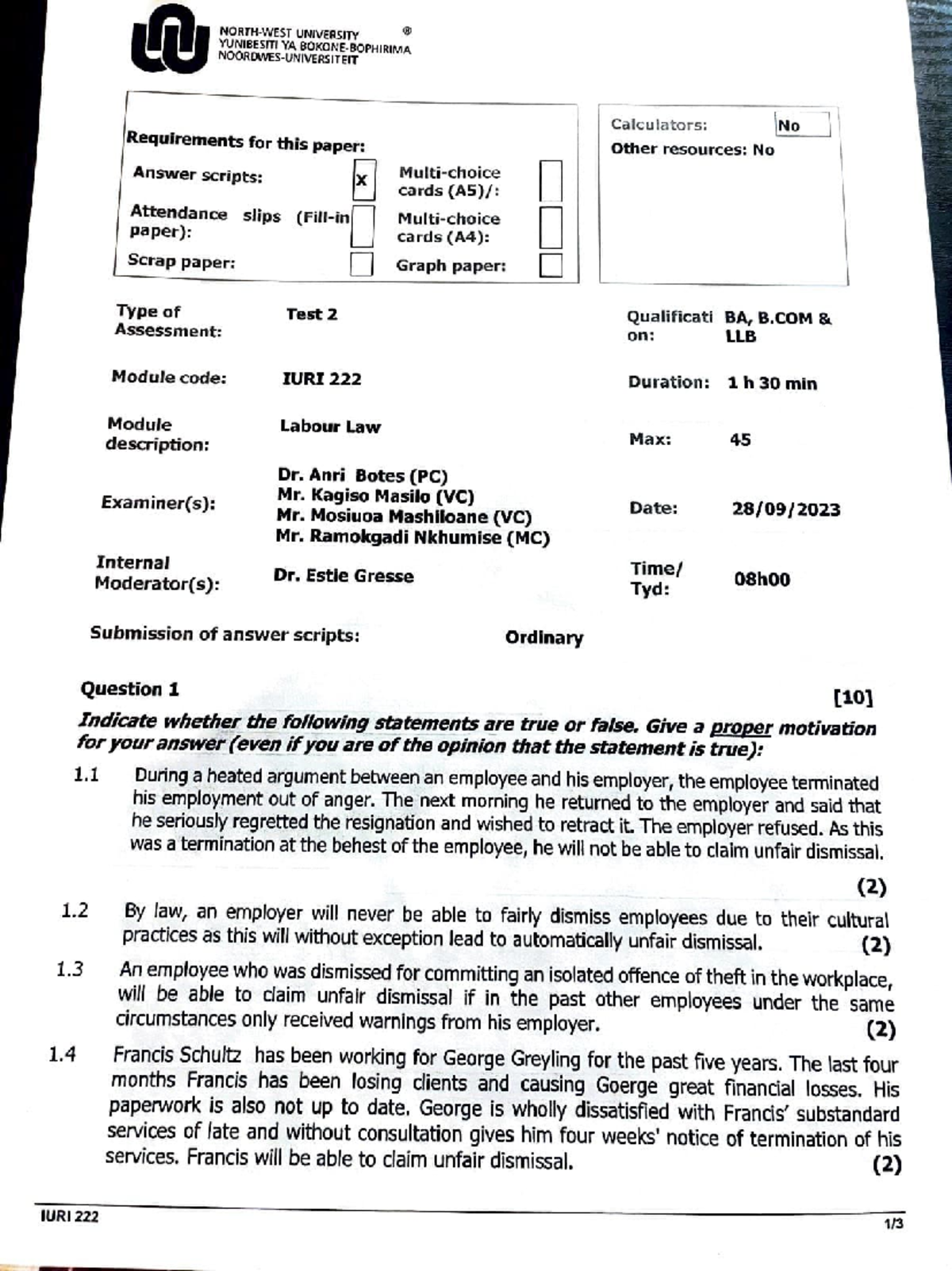 labour law past paper 2023 - W UNIVERSITY YUNIBESITI YA Calculators: No ...