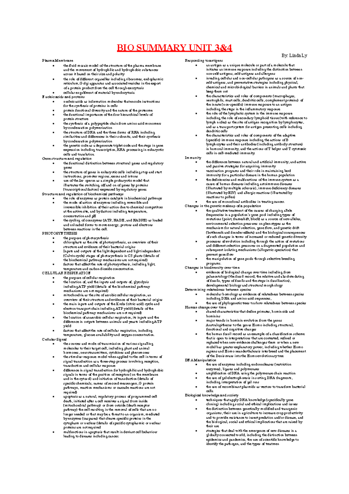 BIO 3&4 - Summary Science - BIO SUMMARY UNIT 3& By: Linda Ly Plasma ...