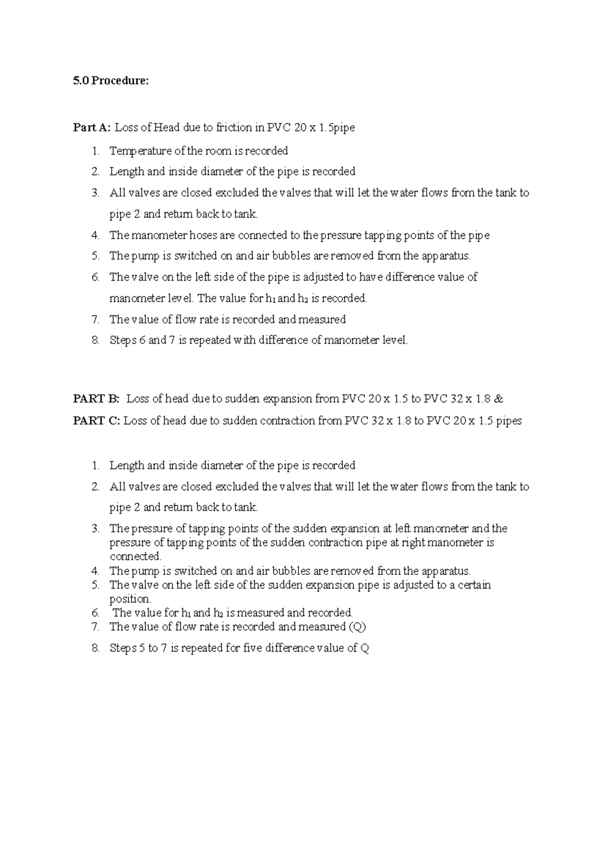 Intro - LAB REPORT - 5 Procedure: Part A: Loss of Head due to friction ...
