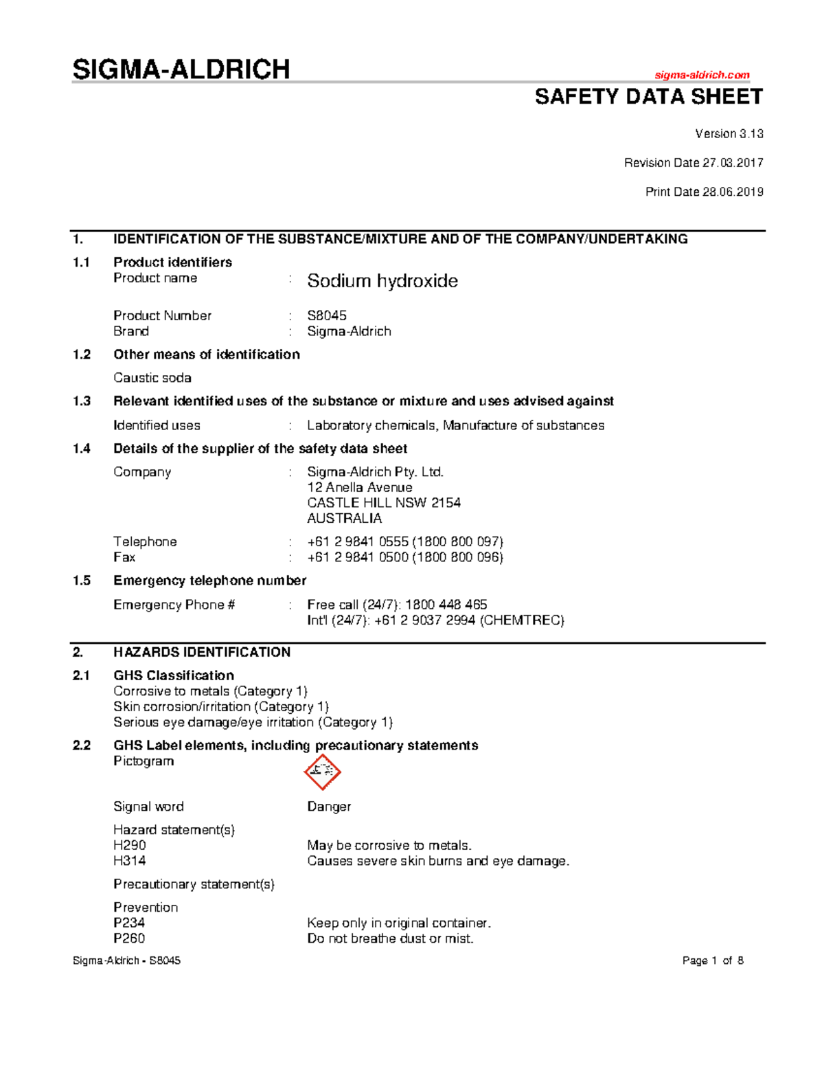 Sodium Hydroxide SDS 2019 - SIGMA-ALDRICH sigma-aldrich SAFETY DATA ...