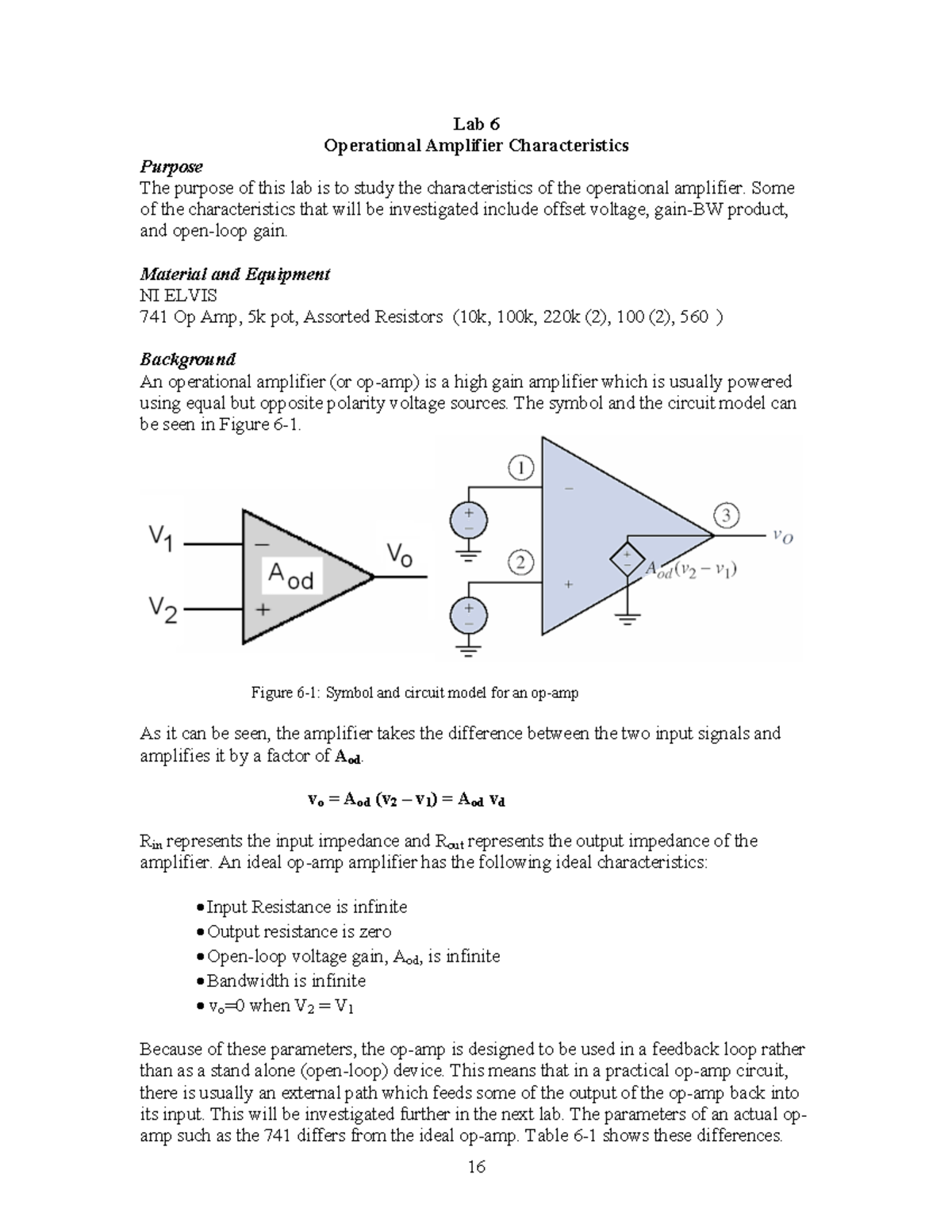 Labb6 - Lecture notes 1 - Lab 6 Operational Amplifier Characteristics ...