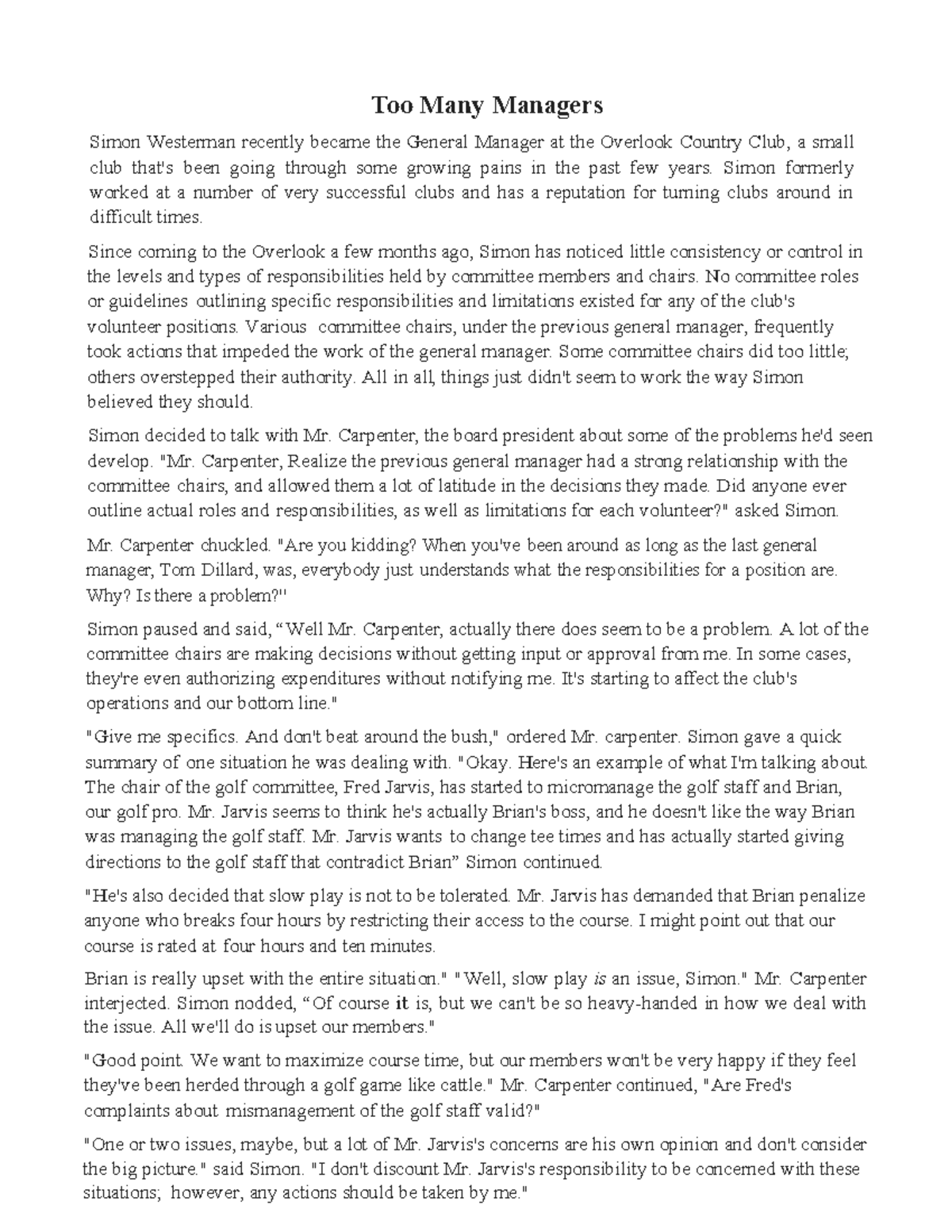 Too Many Managers- Case Study #1 - Too Many Managers Simon Westerman ...