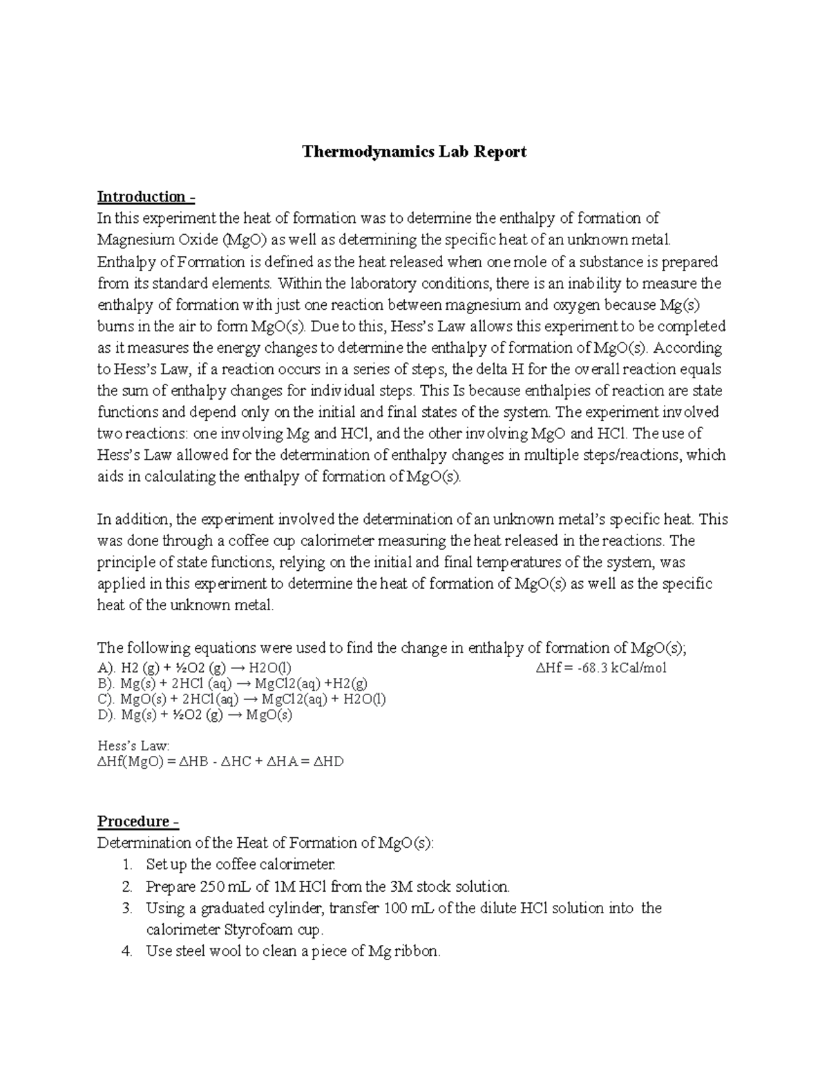 CHM 113 - Thermodynamics Lab - Thermodynamics Lab Report Introduction ...