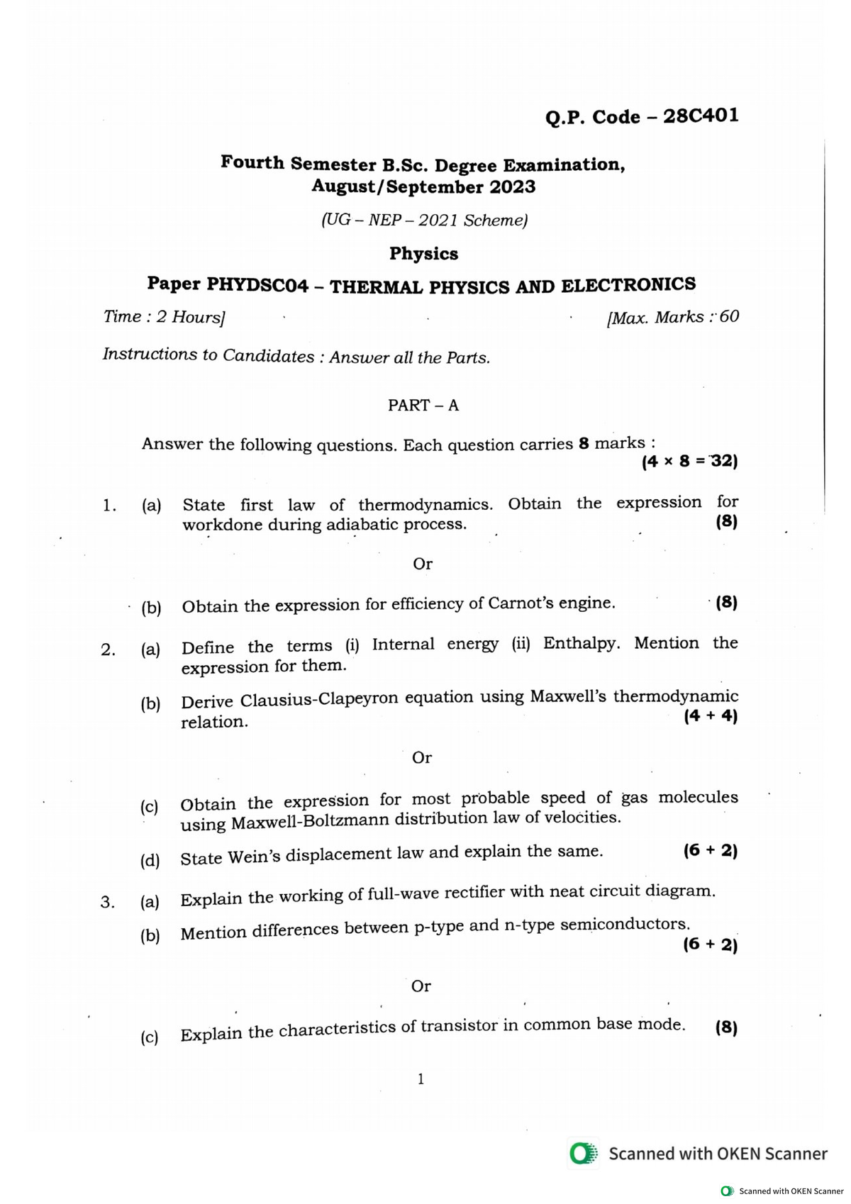 4th sem QP - yes - Q. Code 28C401 Fourth Semester B. Degree Examination ...