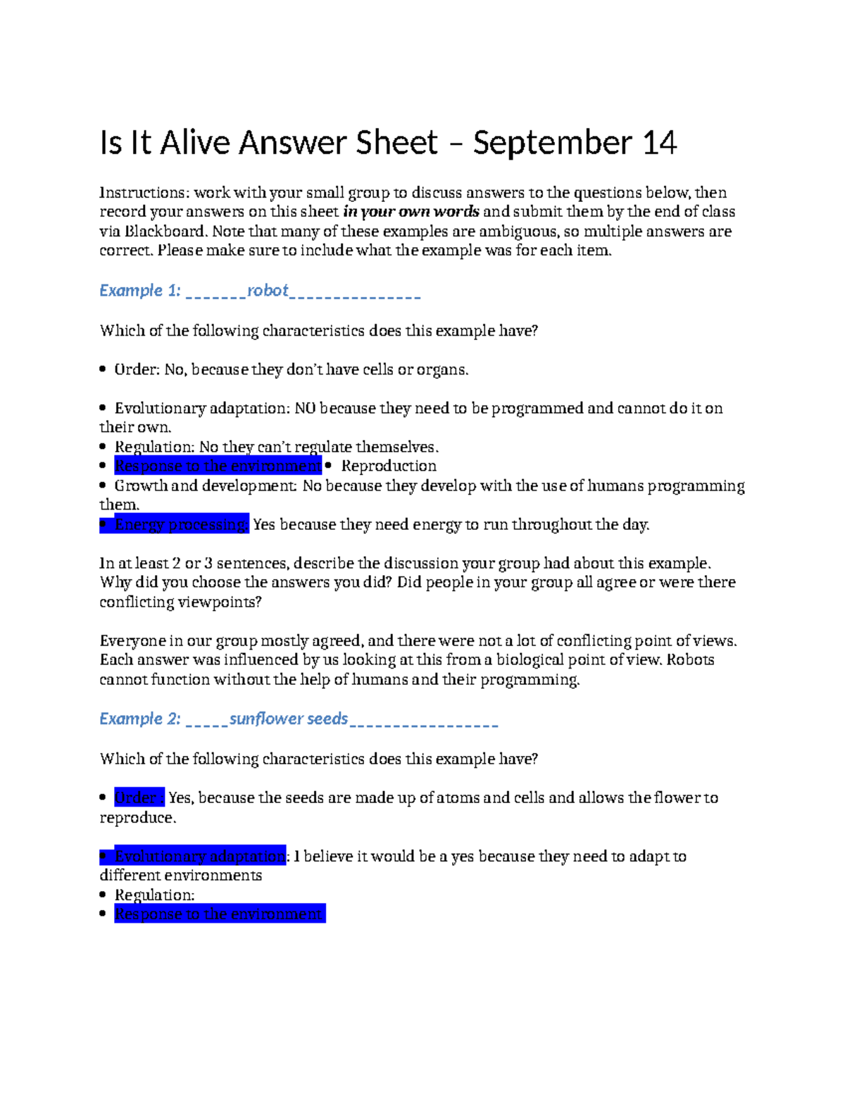 Is It Alive Answer Sheet - Note that many of these examples are ...